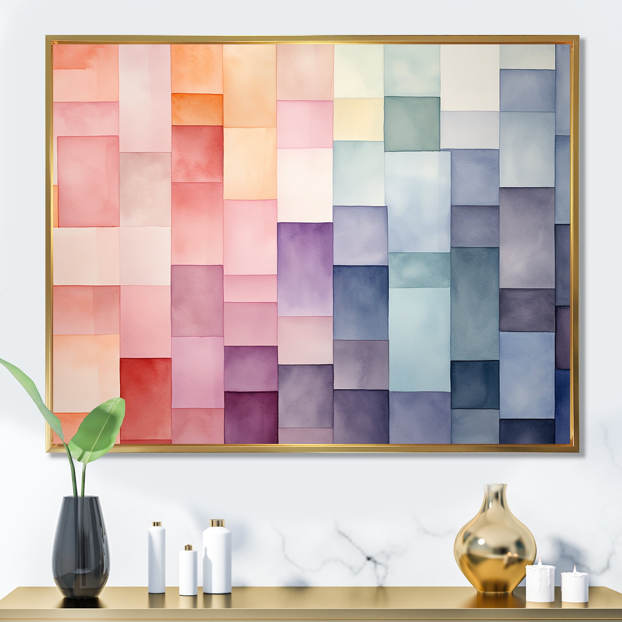 Designart "Multihued Cubic Designs III" Abstract Framed Wall Art ...