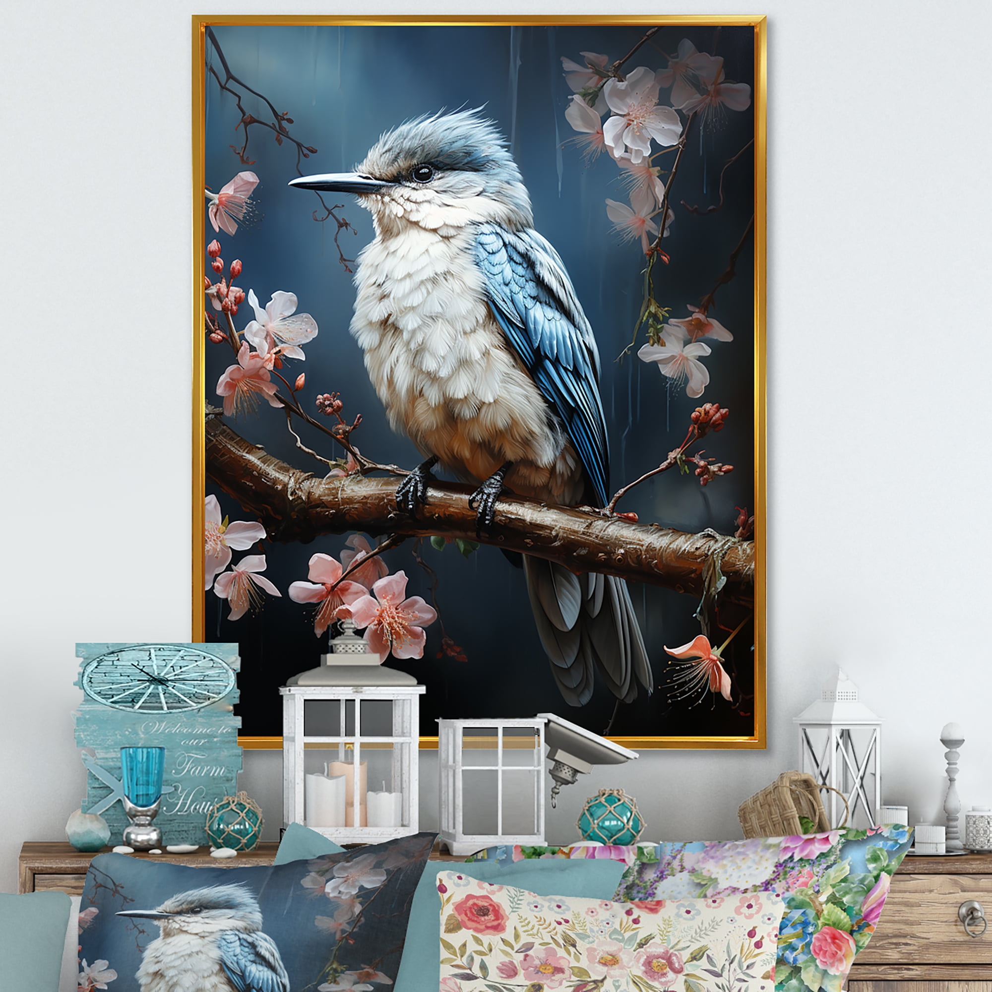 Designart "Murmuring Hummingbird in Moonlight Blue IV" Animals Framed ...