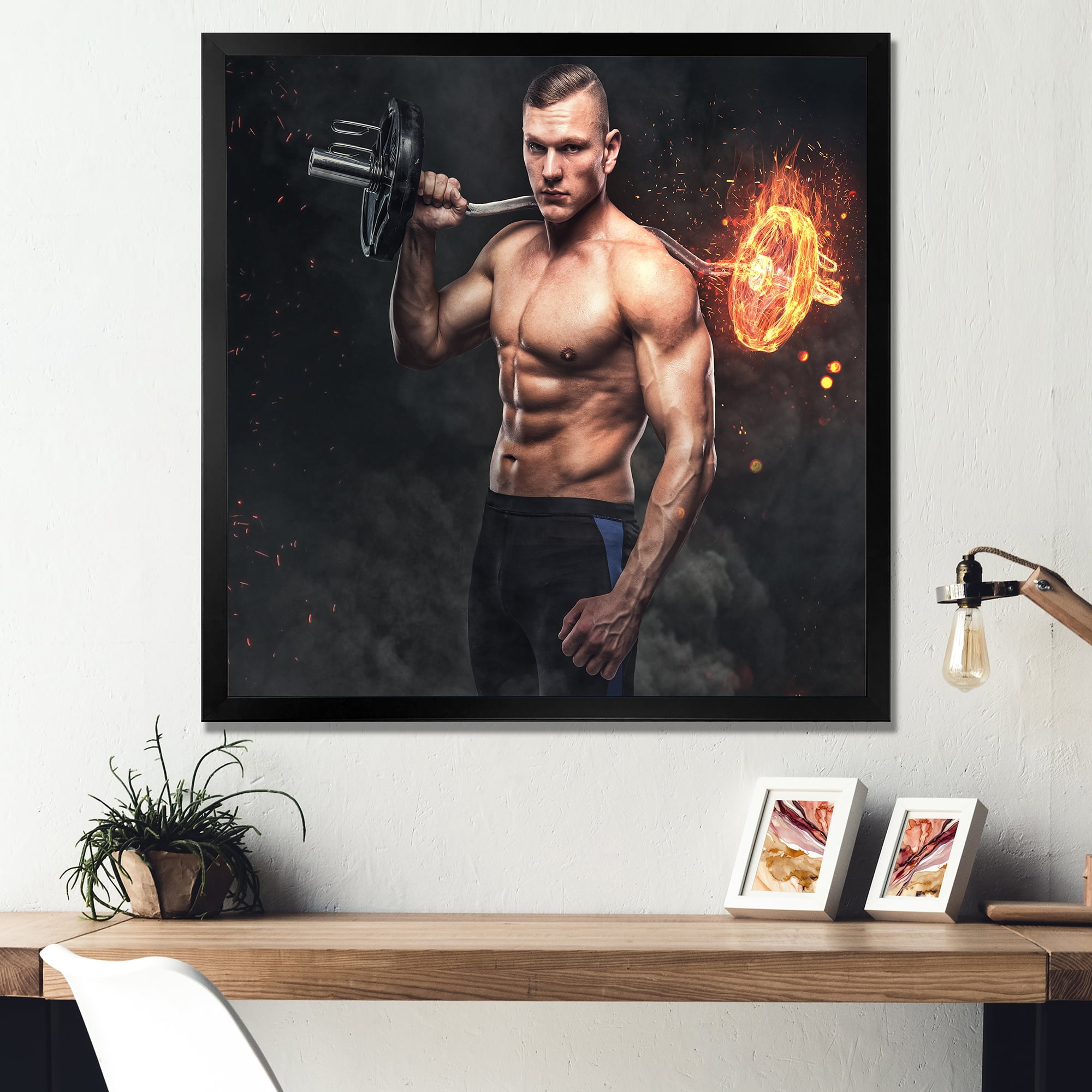 Designart "Muscular Athlete Grasping Fiery Barbell" Aerobic ...