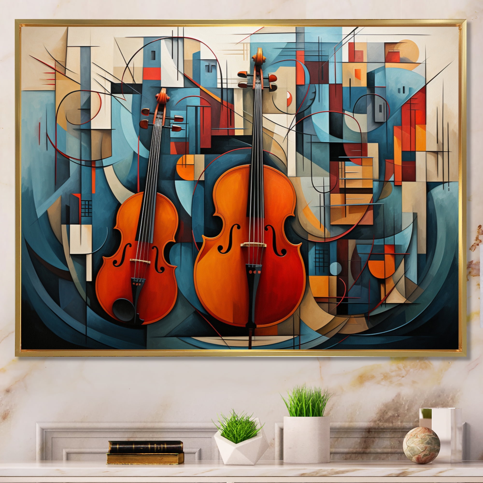 Designart "Musical Forms in Cubism I" Cubism Floater Framed Canvas Art ...