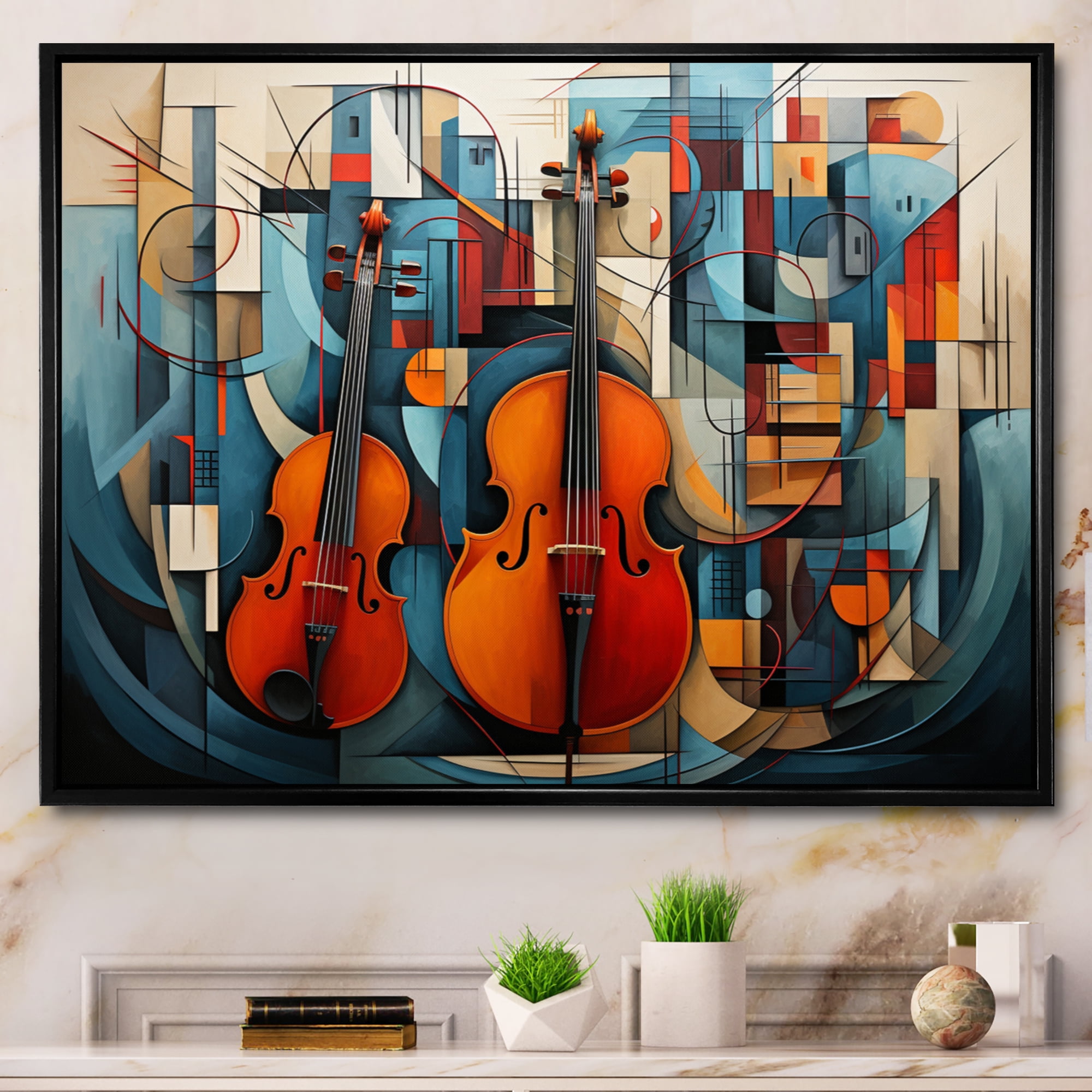 Designart "Musical Forms in Cubism I" Cubism Floater Framed Canvas Art ...