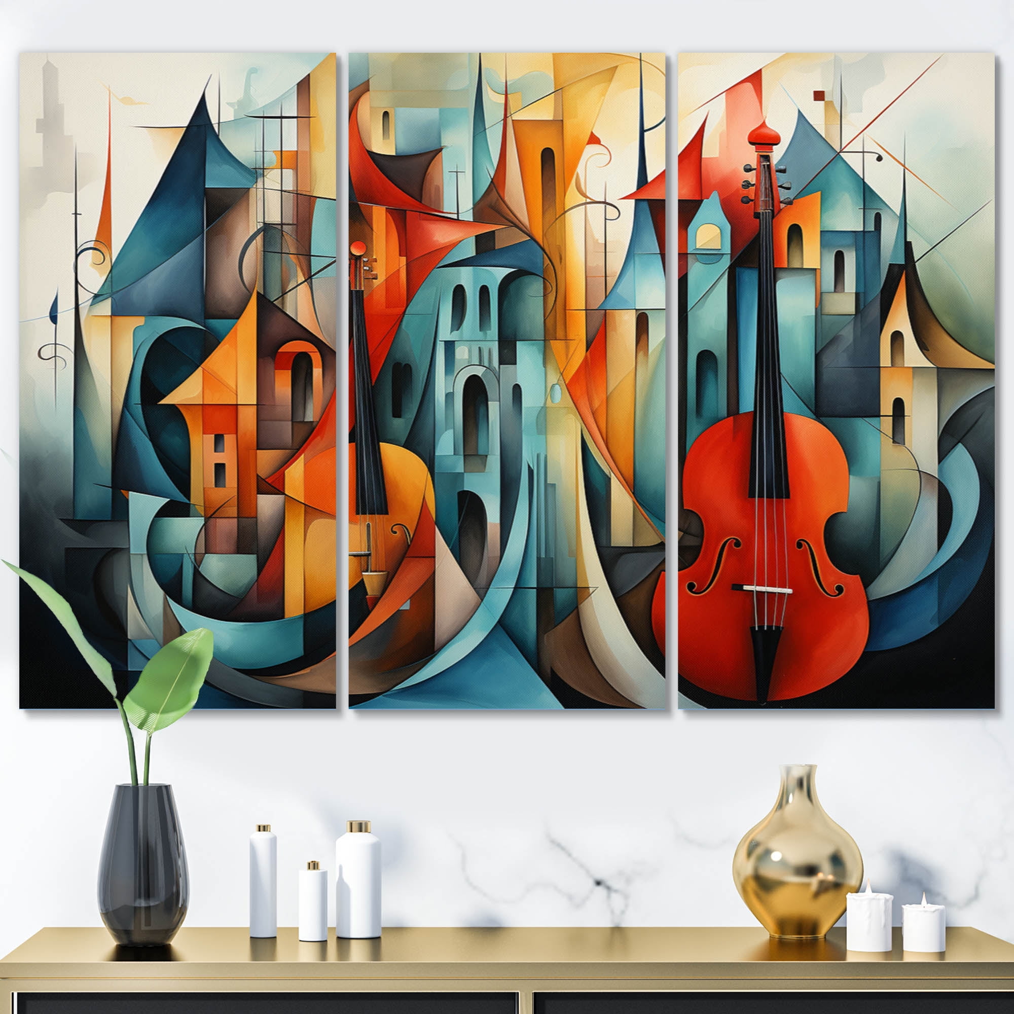 Designart "Musical Forms in Cubism III" Cubism Metal Art Print Set ...
