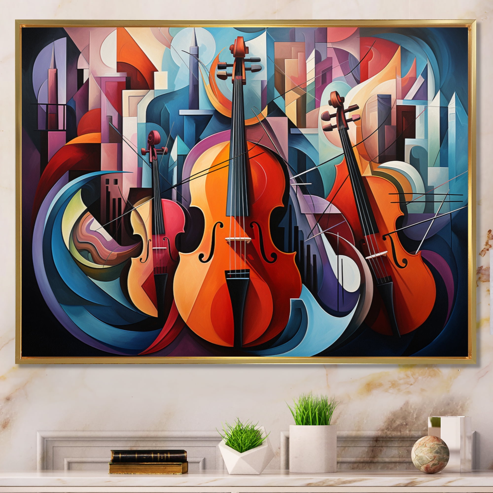 Designart "Musical Forms in Cubism IV" Cubism Floater Framed Canvas ...
