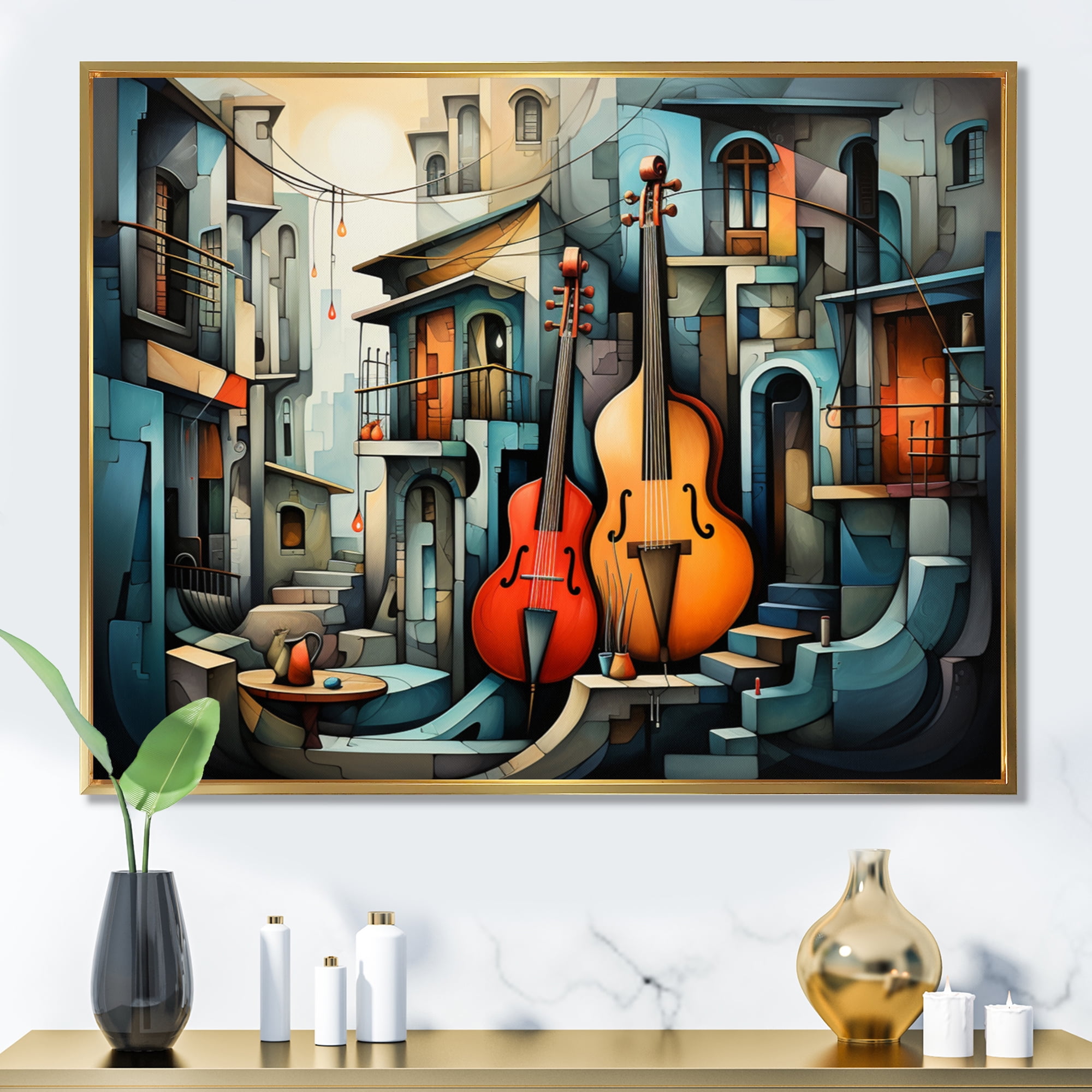 Designart "Musical Forms in Cubism V" Cubism Floater Framed Wall Art ...