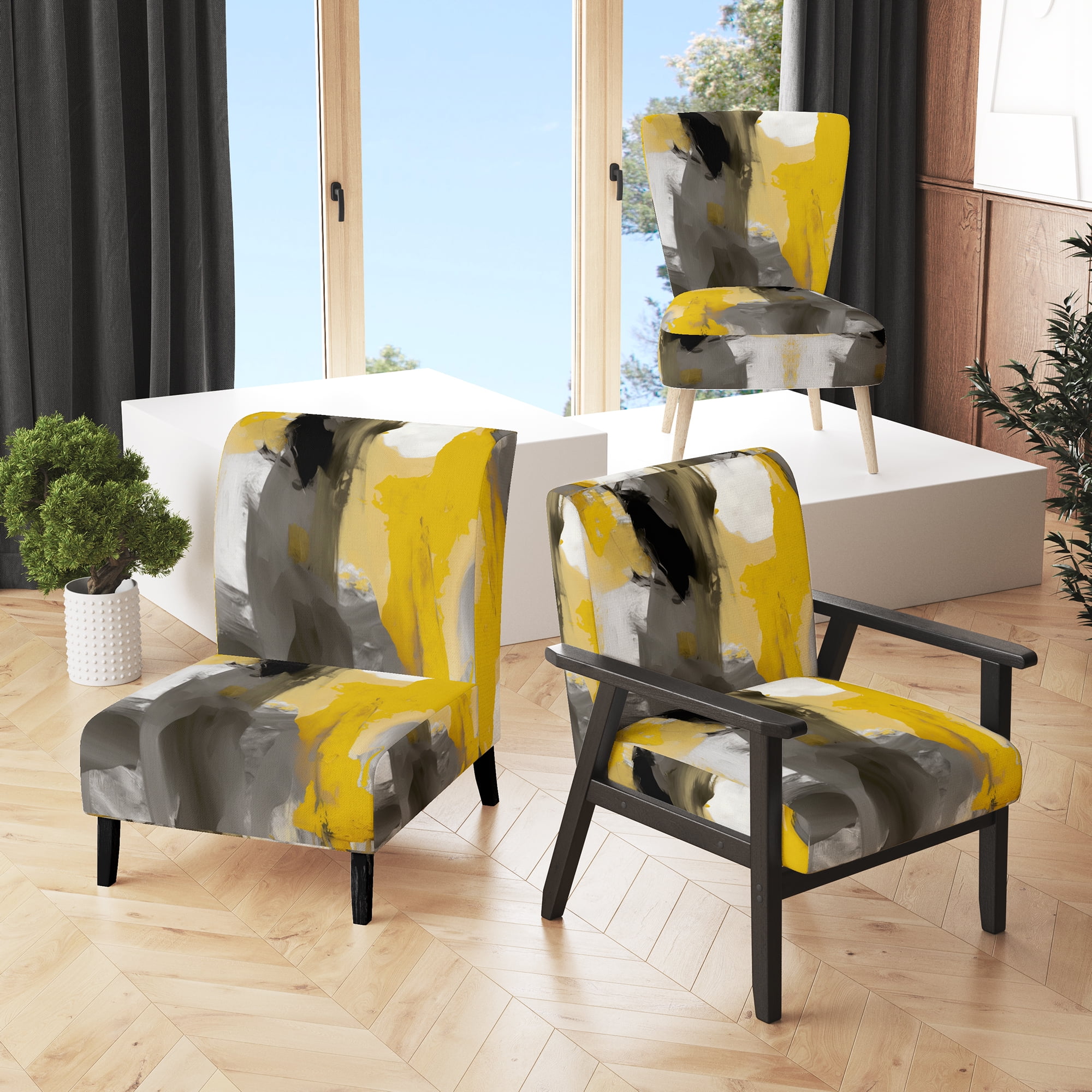 Designart "Mustard Yellow And Vivid Gray II" Upholstered Abstract ...
