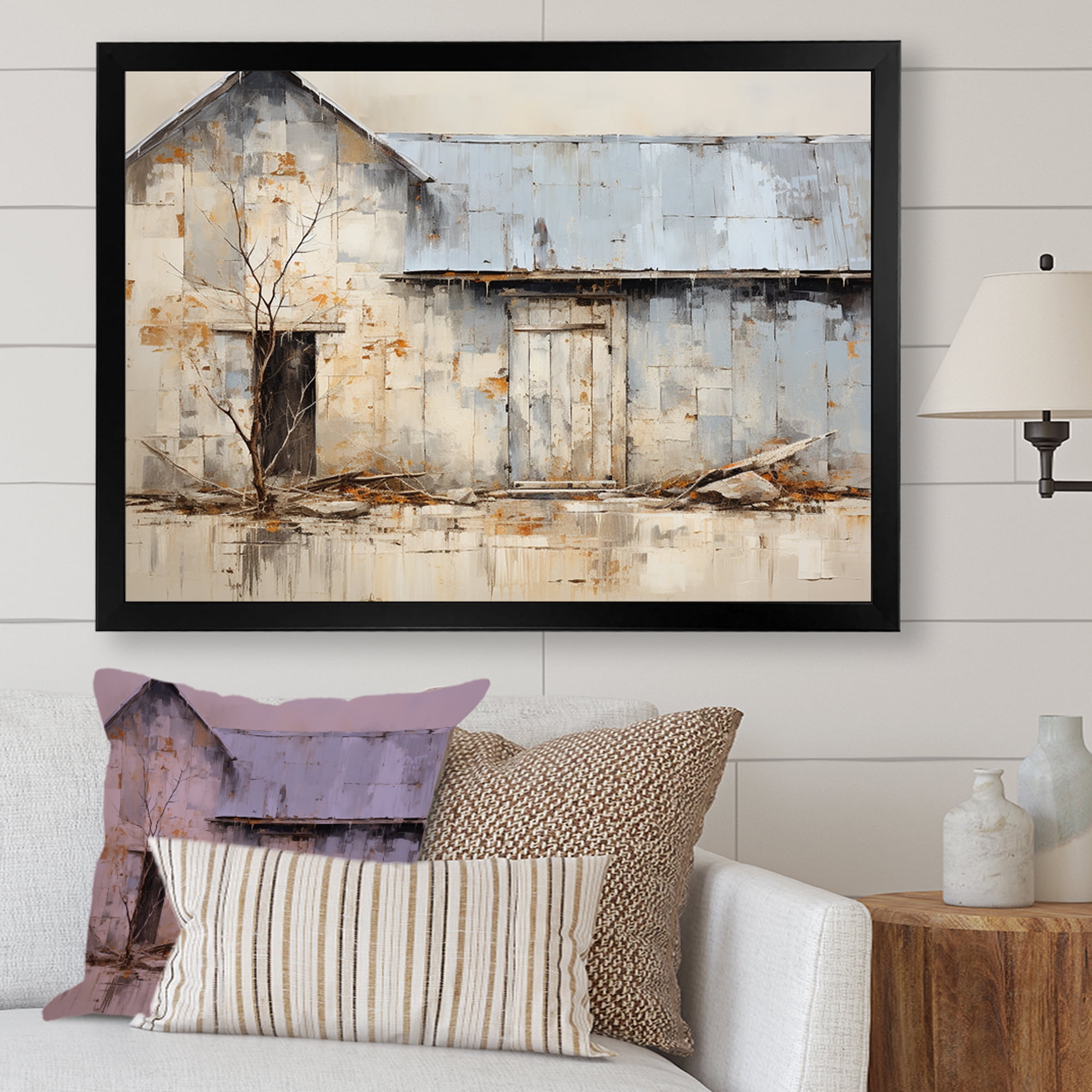 Designart "Muted Tone Minimalism With Barn I" Barn Picture Framed Wall ...