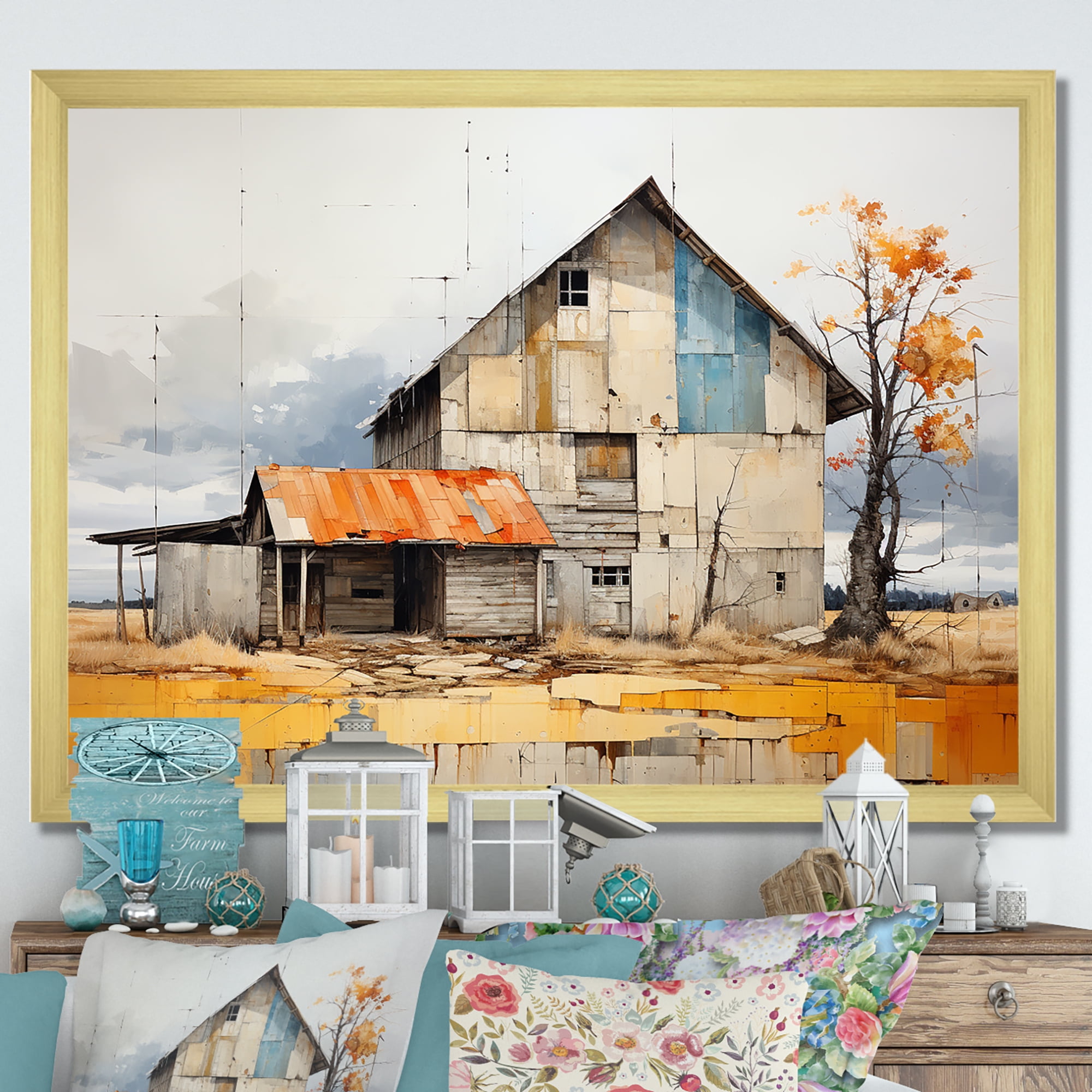 Designart "Muted Tone Minimalism With Barn II" Barn Picture Framed ...
