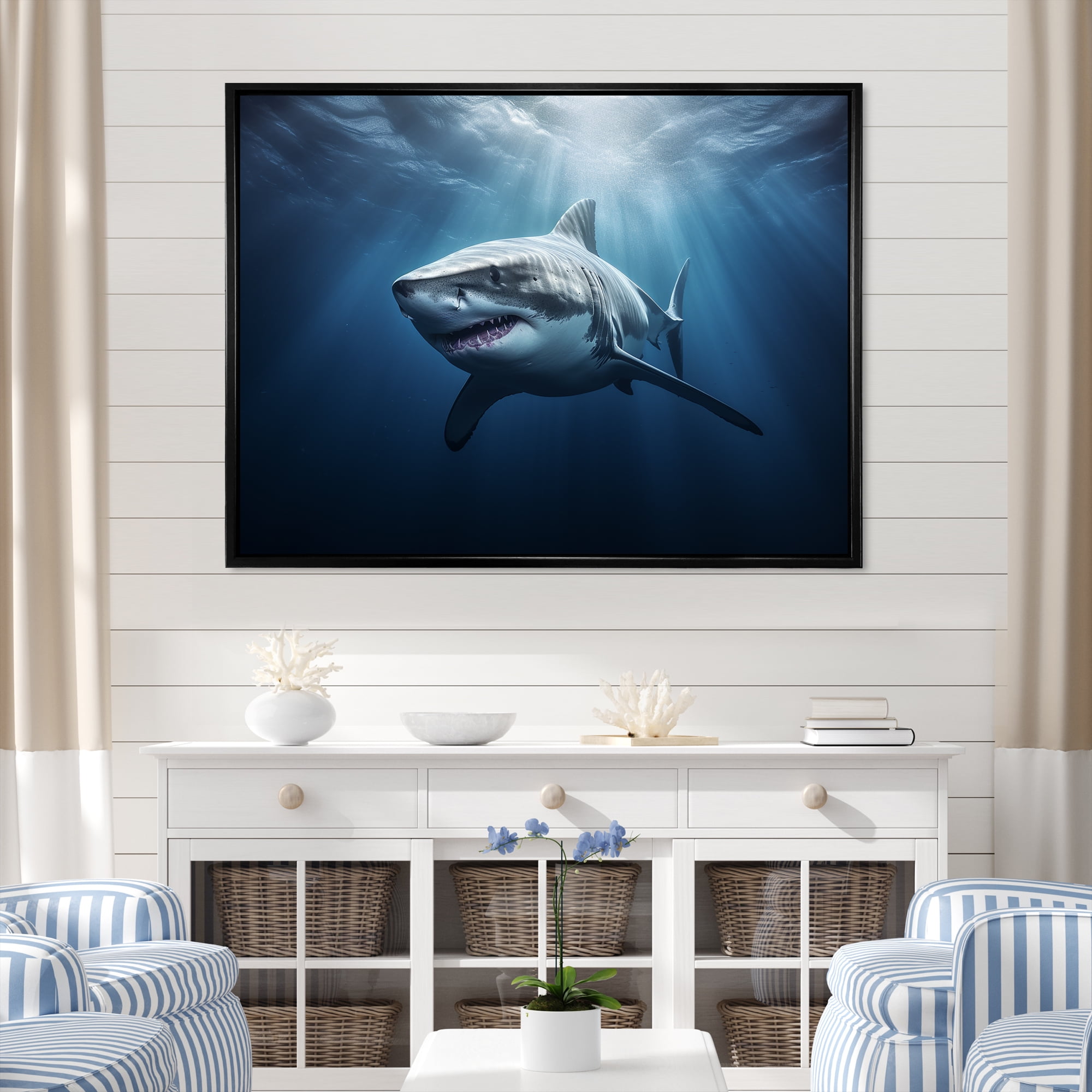 Designart "Mysterious Blue Ghost Of The Sea III" Shark Floater Framed ...
