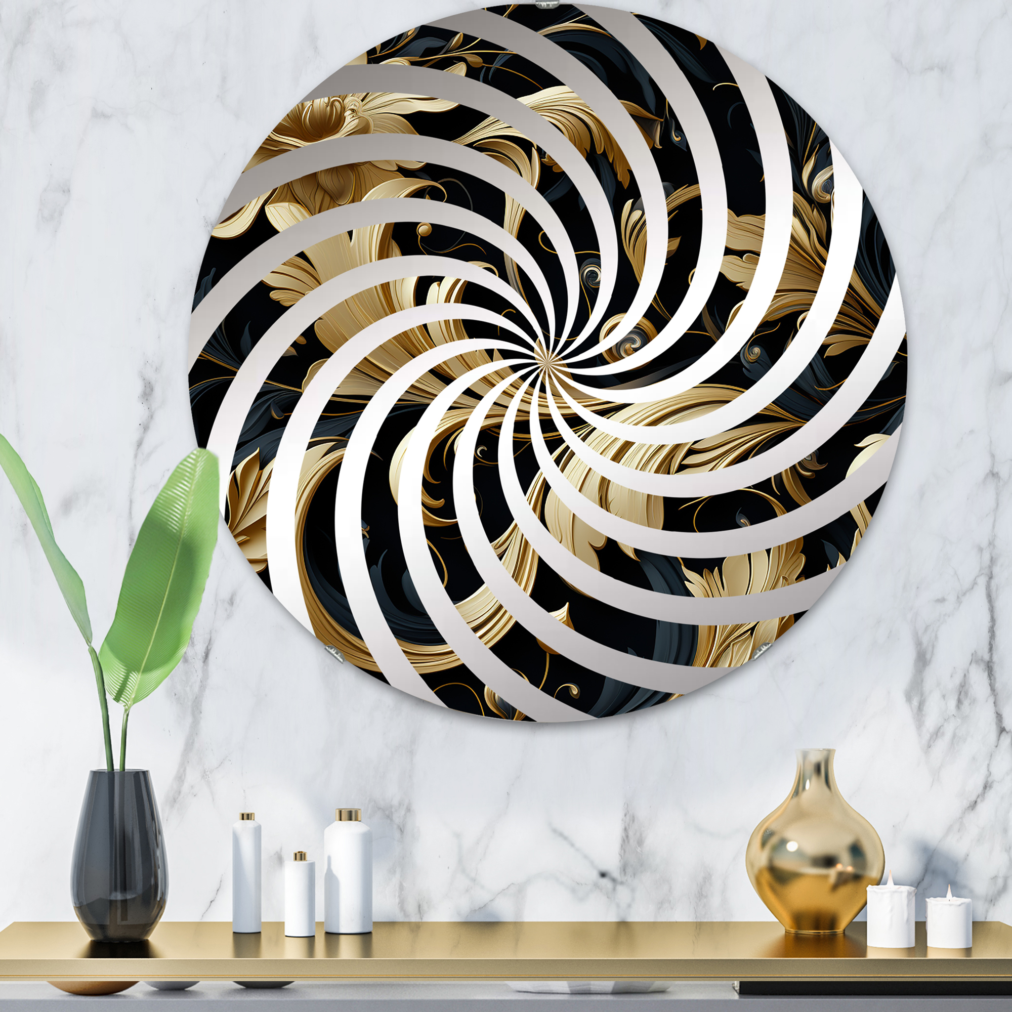 Designart "Mysterious Elegance in Black and Gold" Marble Vortex Round ...