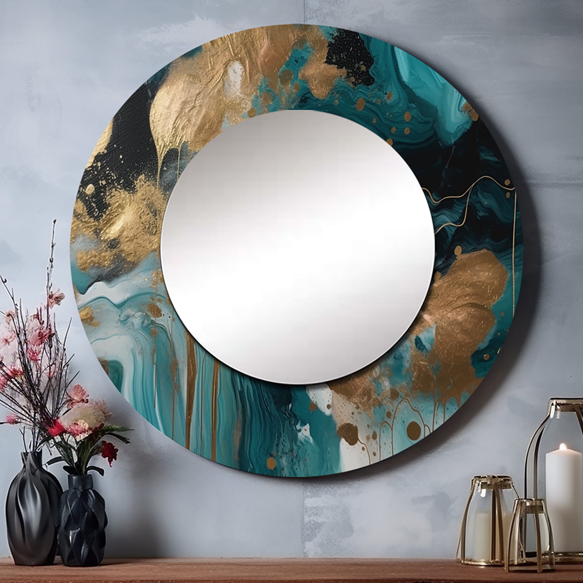 Designart "Mysterious Marble Green and Gold I" Abstract Marble Rund ...
