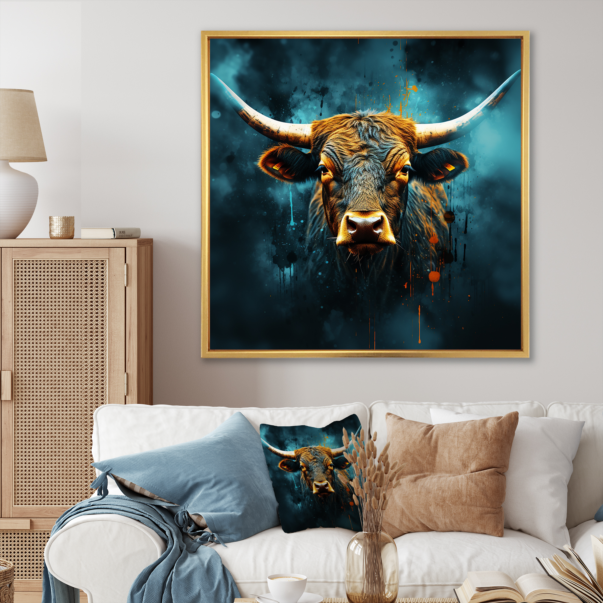 Designart "Mystic Majestic Taurus in Blue II" Animals Framed Wall Art ...
