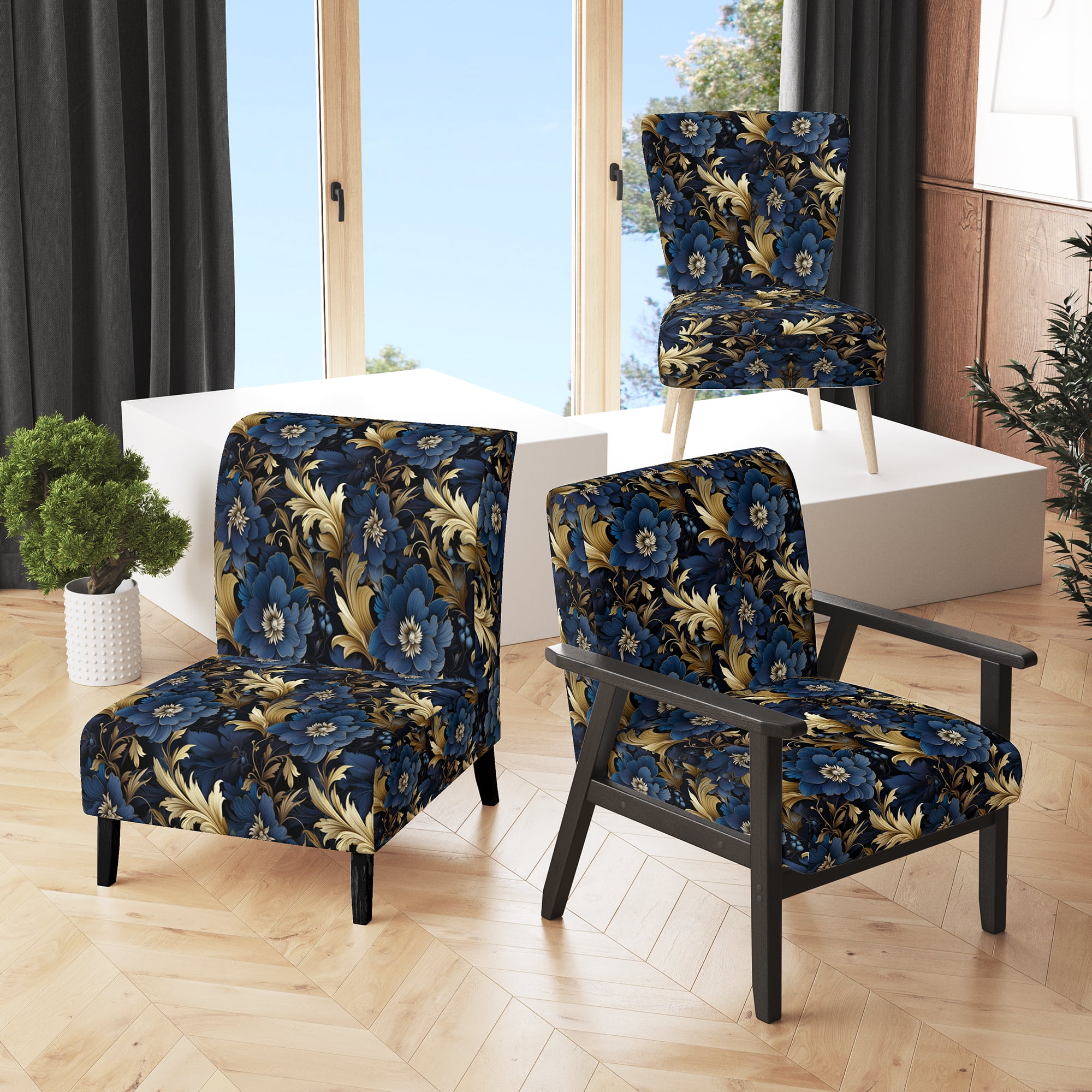Designart "Mystical Blue Damask Mirage" Upholstered Damask Accent Chair ...