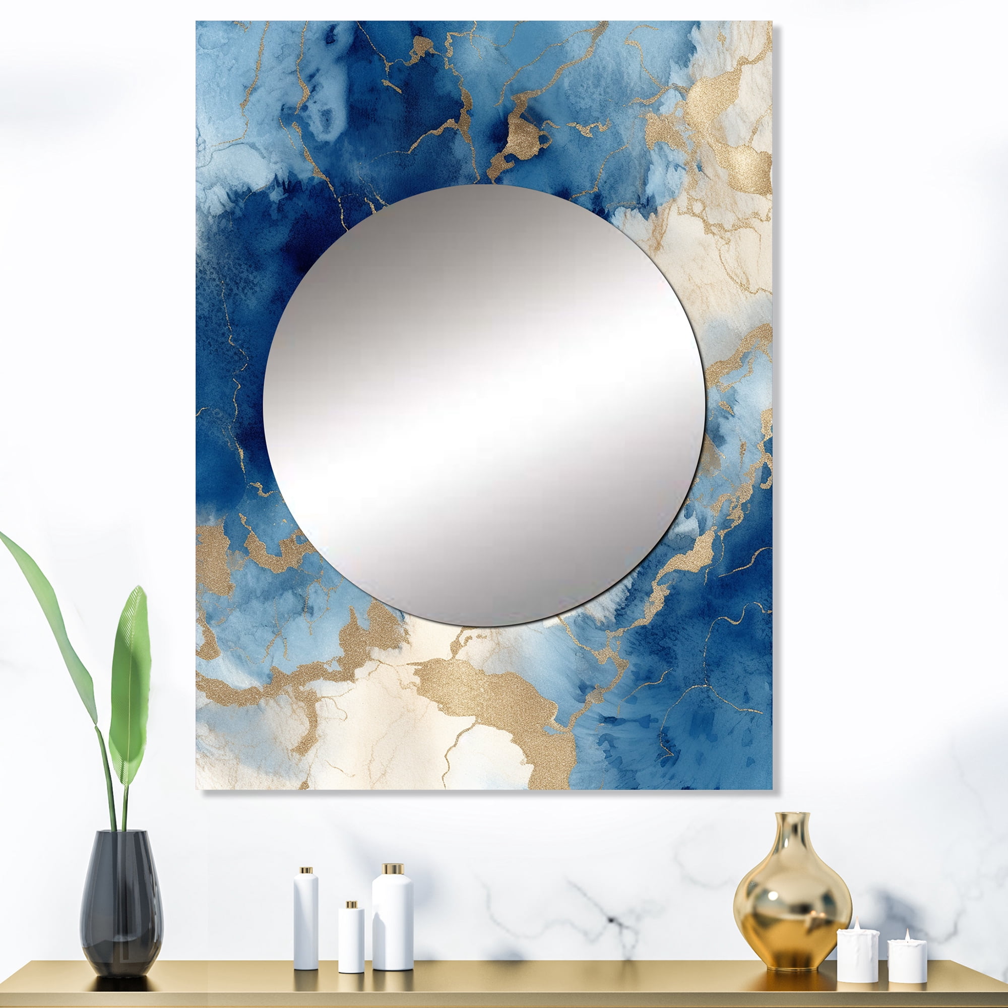 Designart "Mystical Blue and Gold Marble Clouds X" Fractals Mirror Wall ...