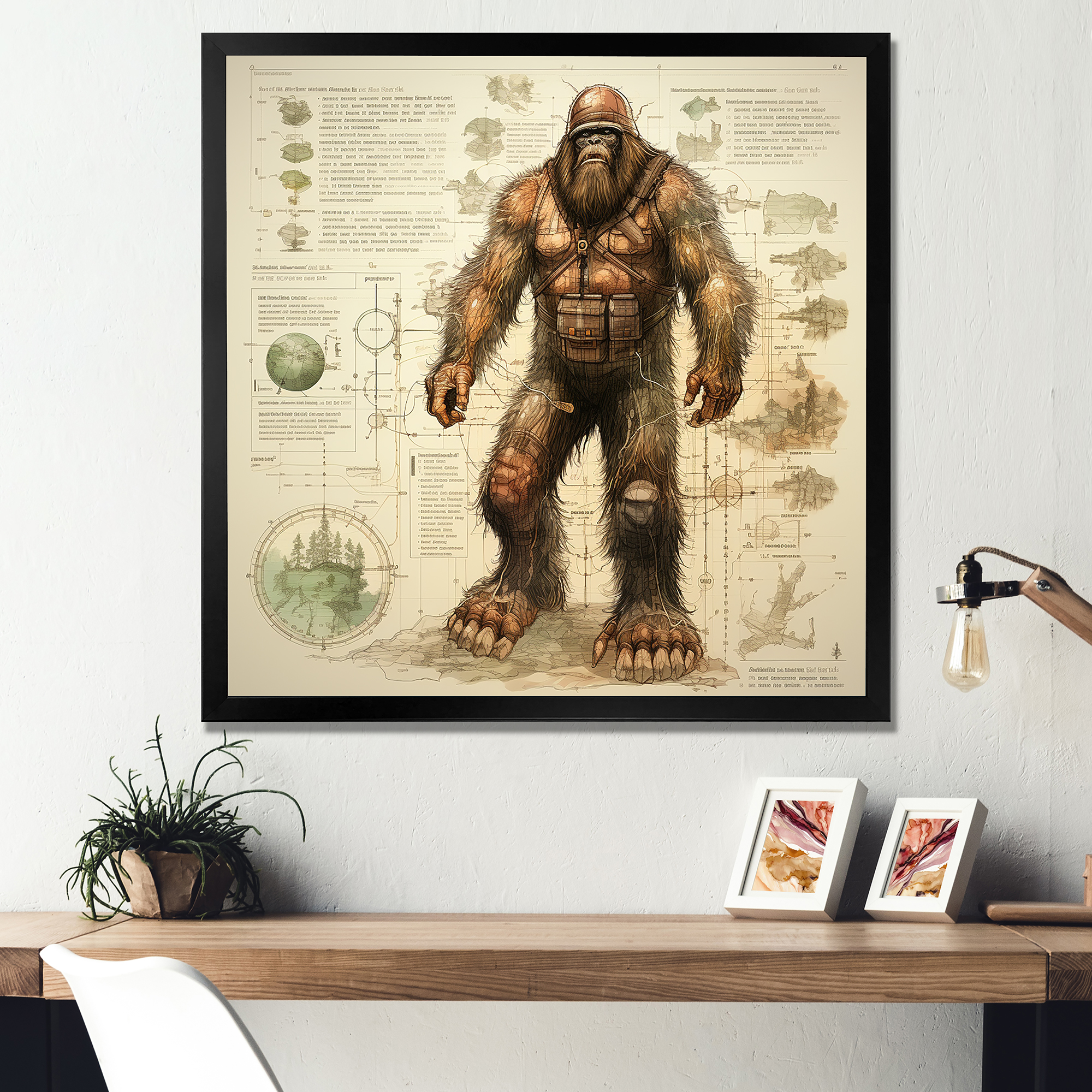Designart "Mystical Blueprint of Bigfoot I" Abstract Framed Wall Art ...