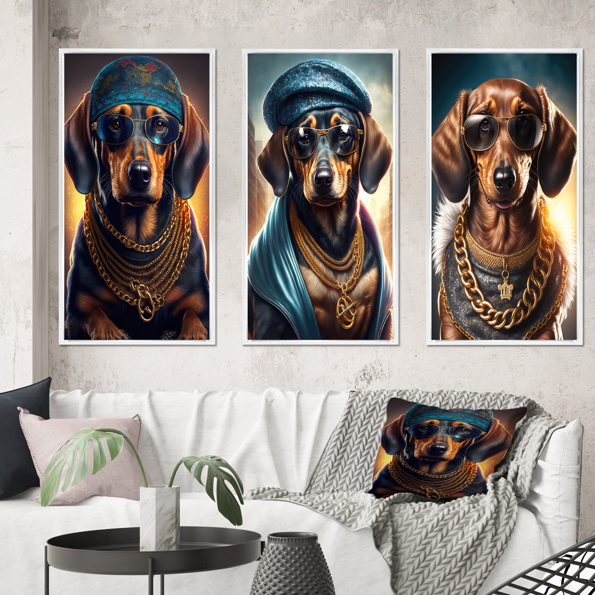Designart "NYC Dachshund Mobster I" Animals Framed Wall Art Set Of 3 ...