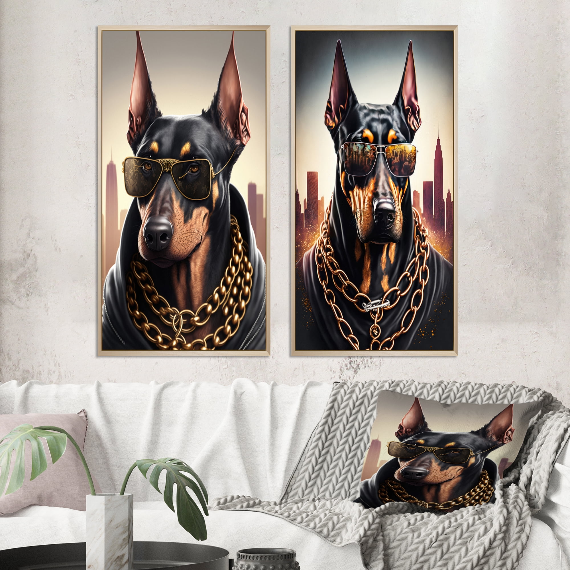 Designart "NYC Doberman Mobster I" Dog Doberman Framed Wall Art Set Of ...