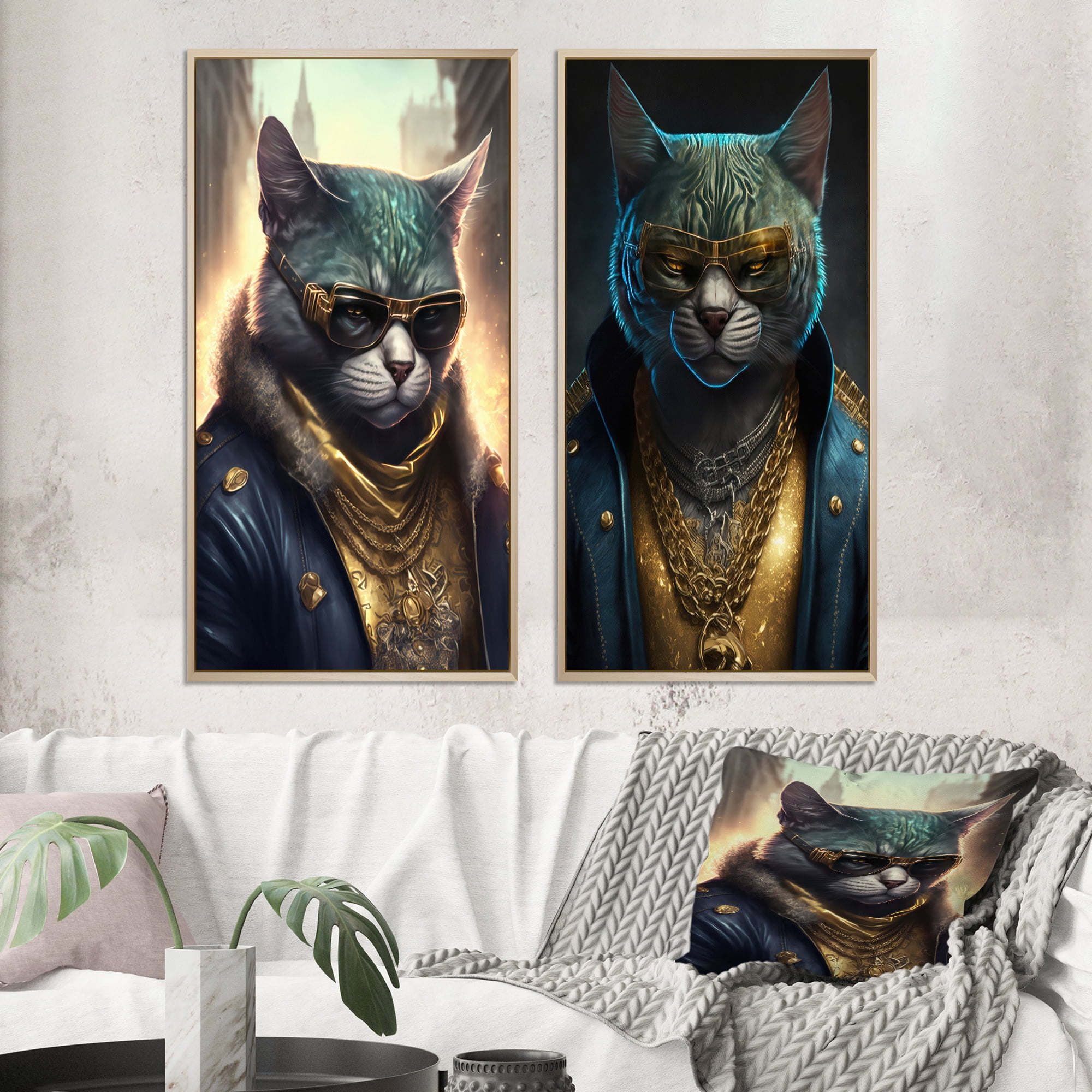 Designart "NYC Feline Mobster I" Cat Gangster Mafia Framed Wall Art Set ...