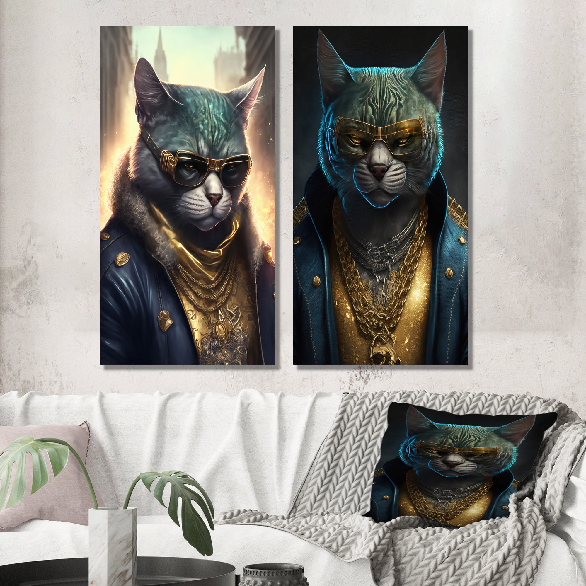 Designart "NYC Feline Mobster I" Cat Gangster Mafia Wall Art Set Of 2 ...