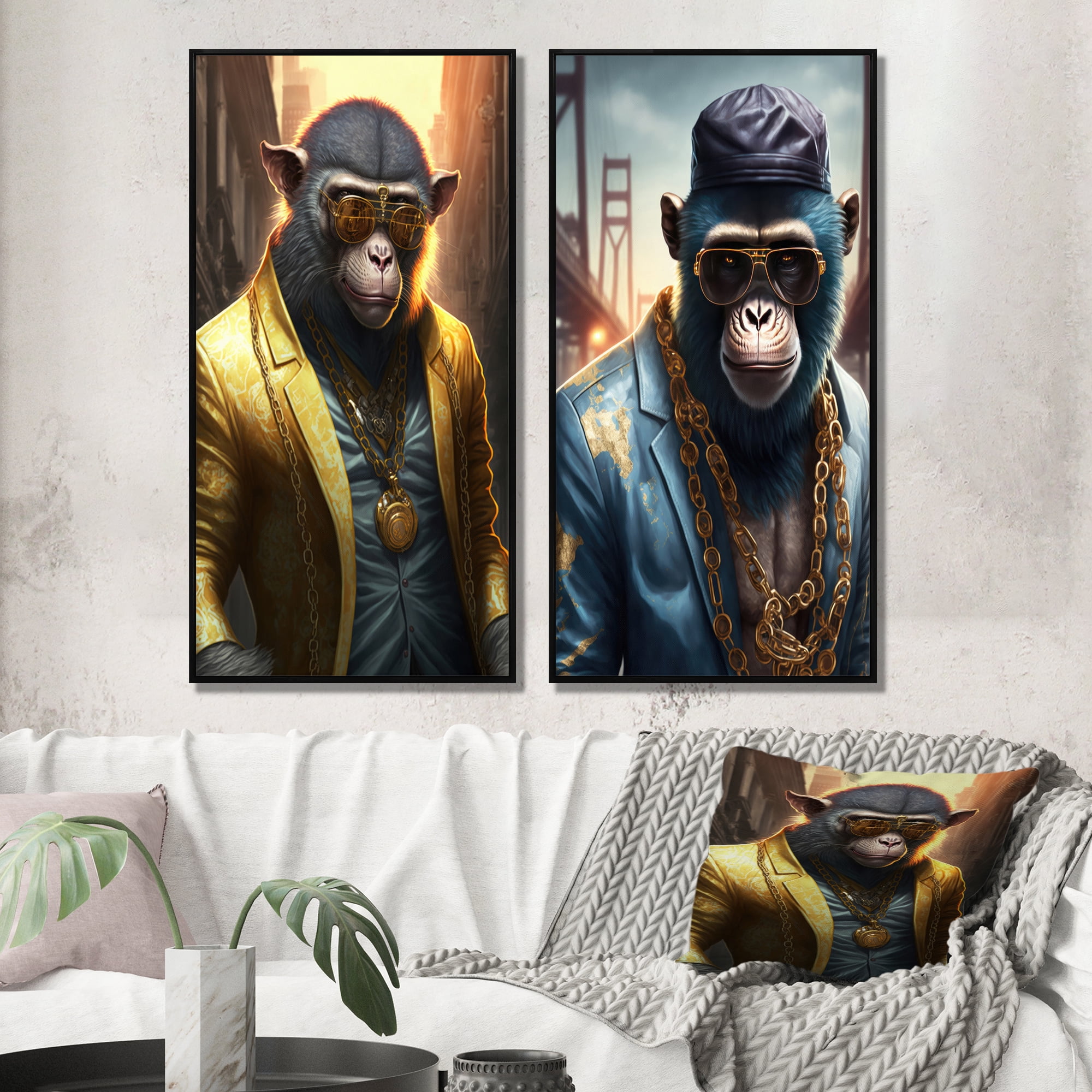 Designart "NYC Monkey Mobster II" Monkey Gangster Mafia Framed Wall Art ...
