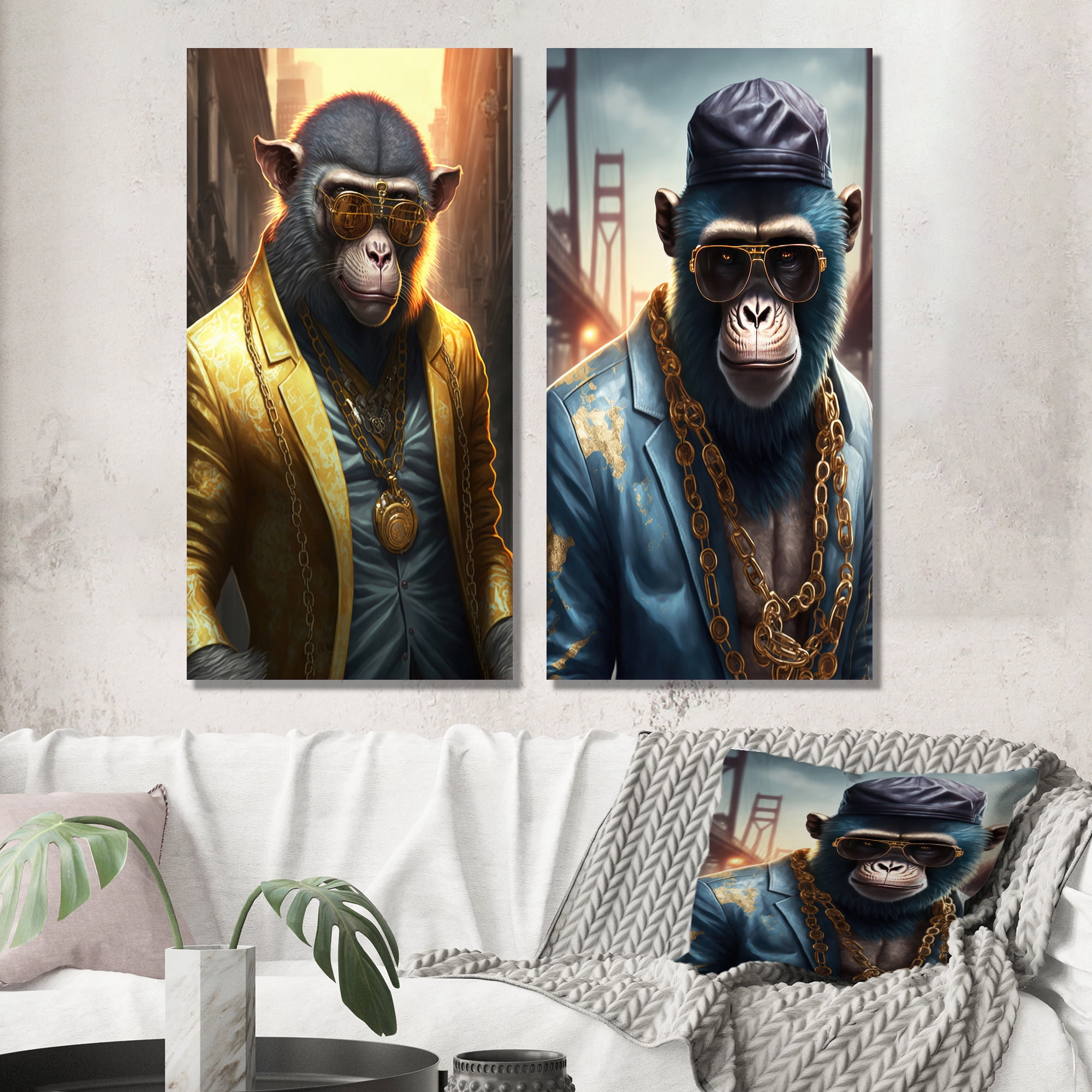 Designart "NYC Monkey Mobster II" Monkey Gangster Mafia Wall Art Set Of ...