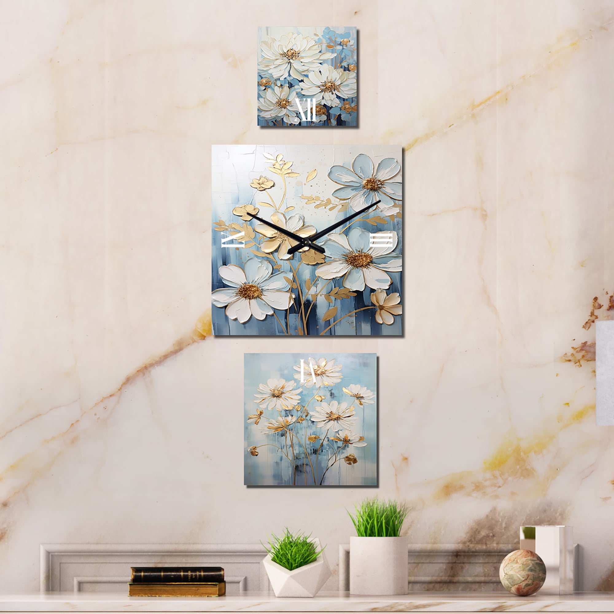 Designart "Natural Blue Symphony of Zinnias" Zinnias Extra large Clock ...