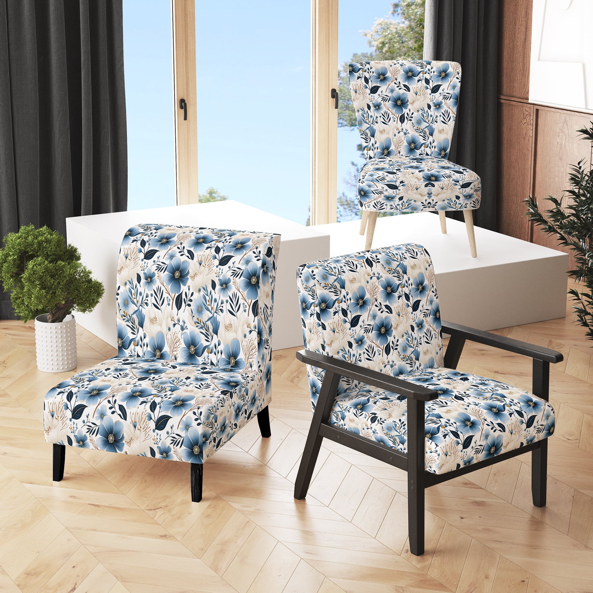 Designart "Nautical Blue Ivory Floral Grace II" Blue Floral Upholstered ...