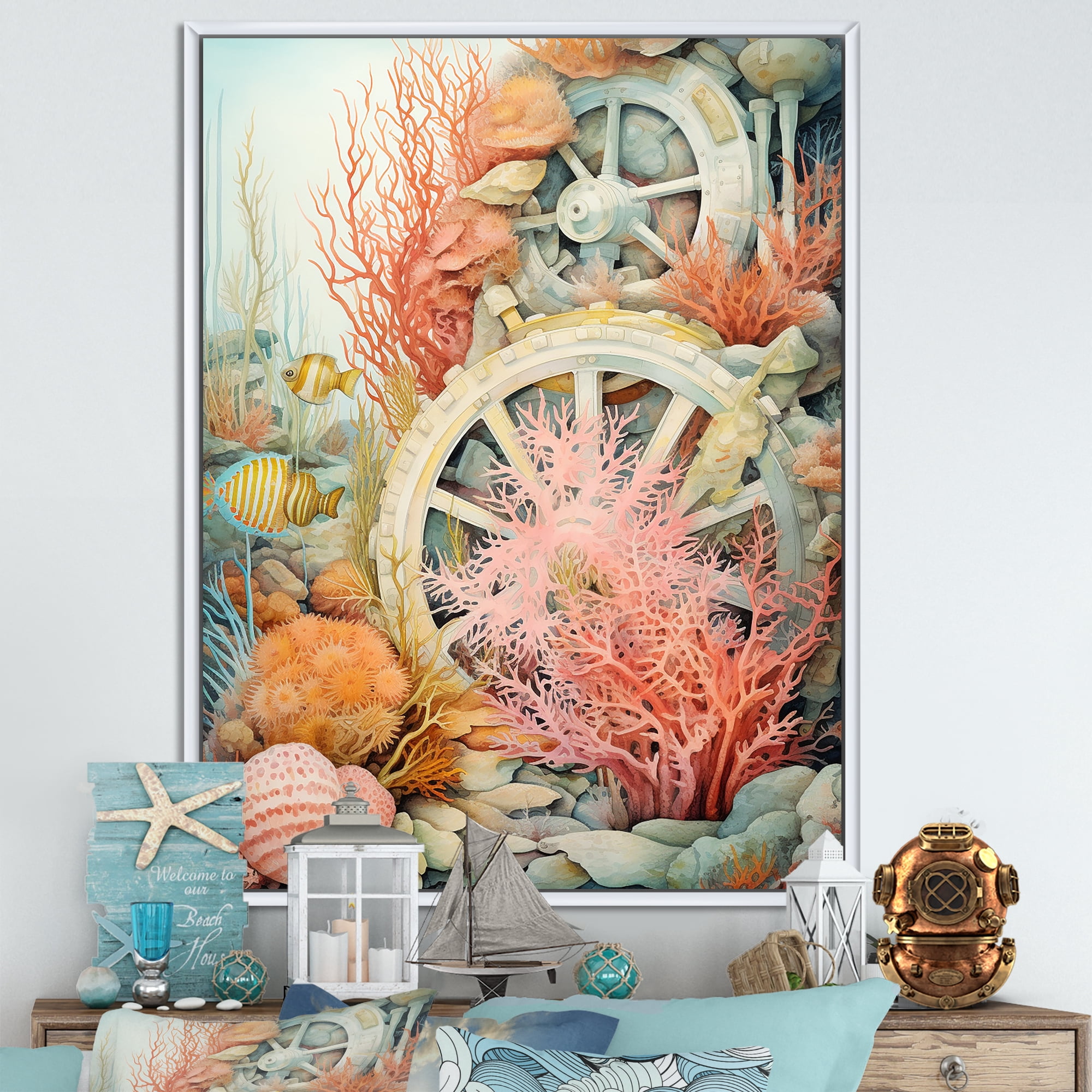 Designart "Nautical Memories Of The Coral Pirate Wheel I" Coastal Coral ...