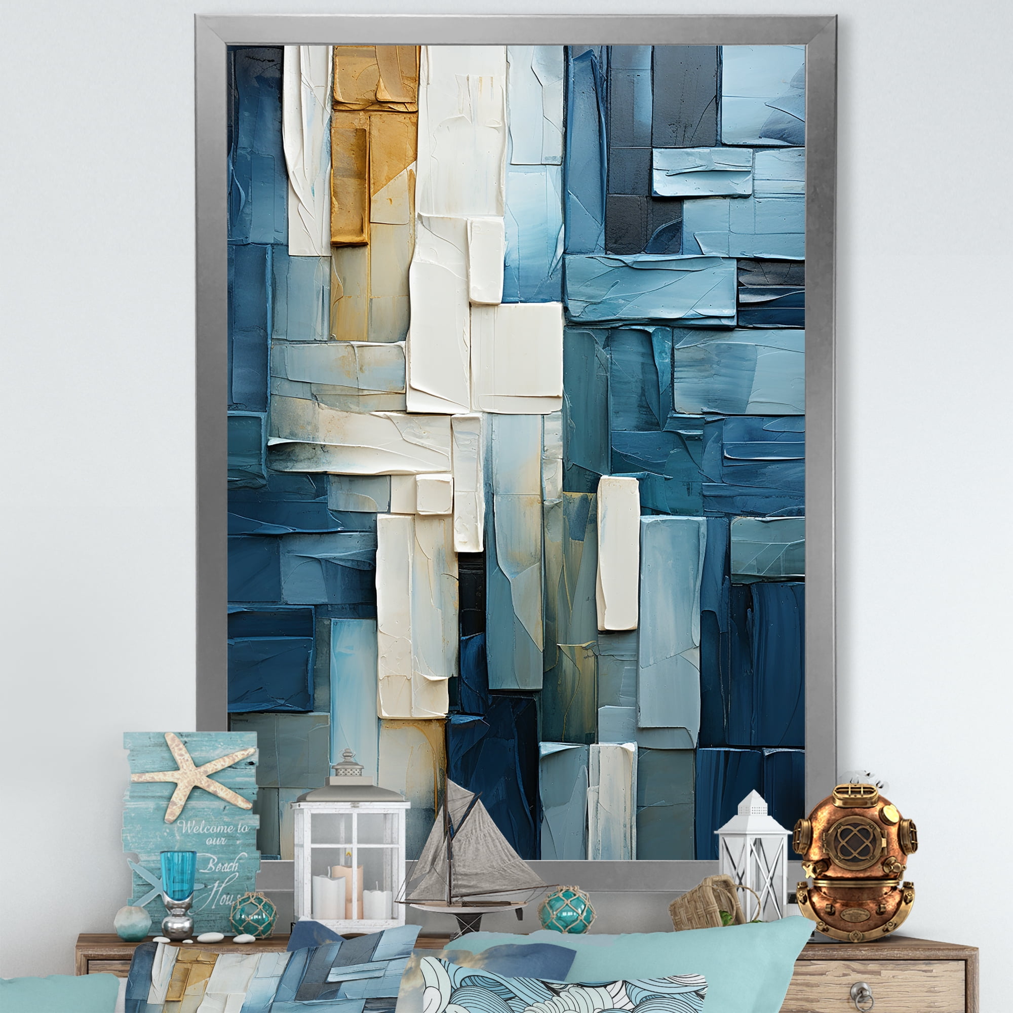 Designart "Nautical Shapes in Blue and White IV" Coastal Framed Wall ...