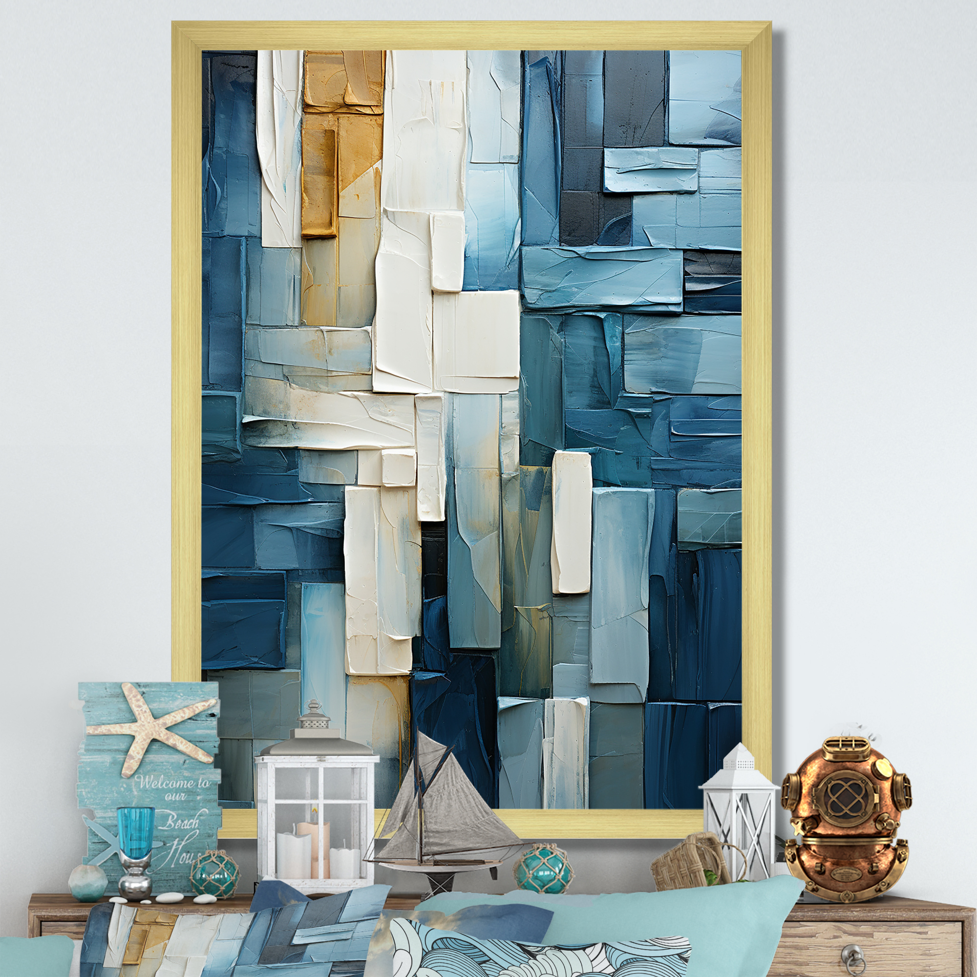 Designart "Nautical Shapes in Blue and White IV" Coastal Framed Wall ...