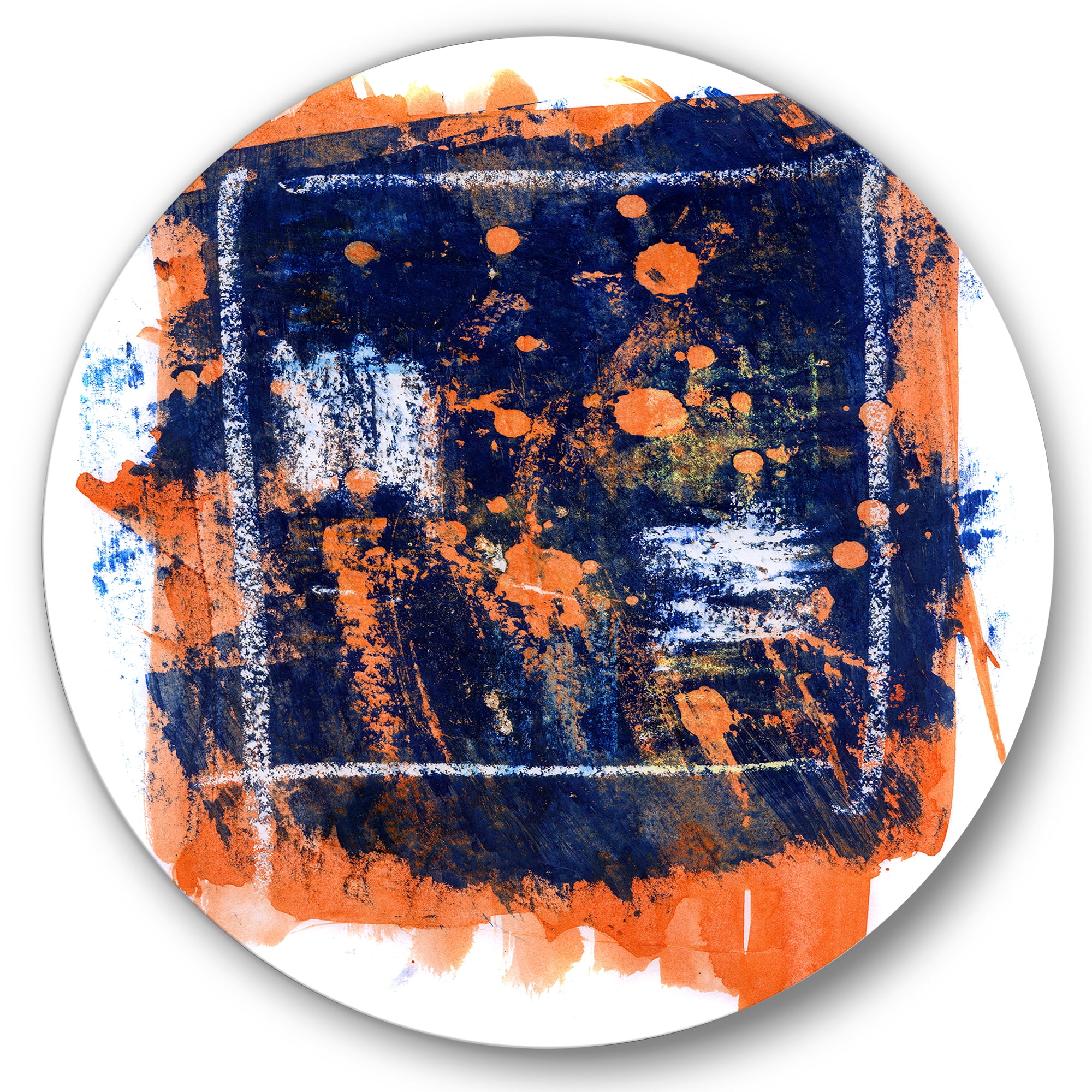 Designart 'Navy Blue and Orange Abstract' Modern Circle Metal Wall Art ...
