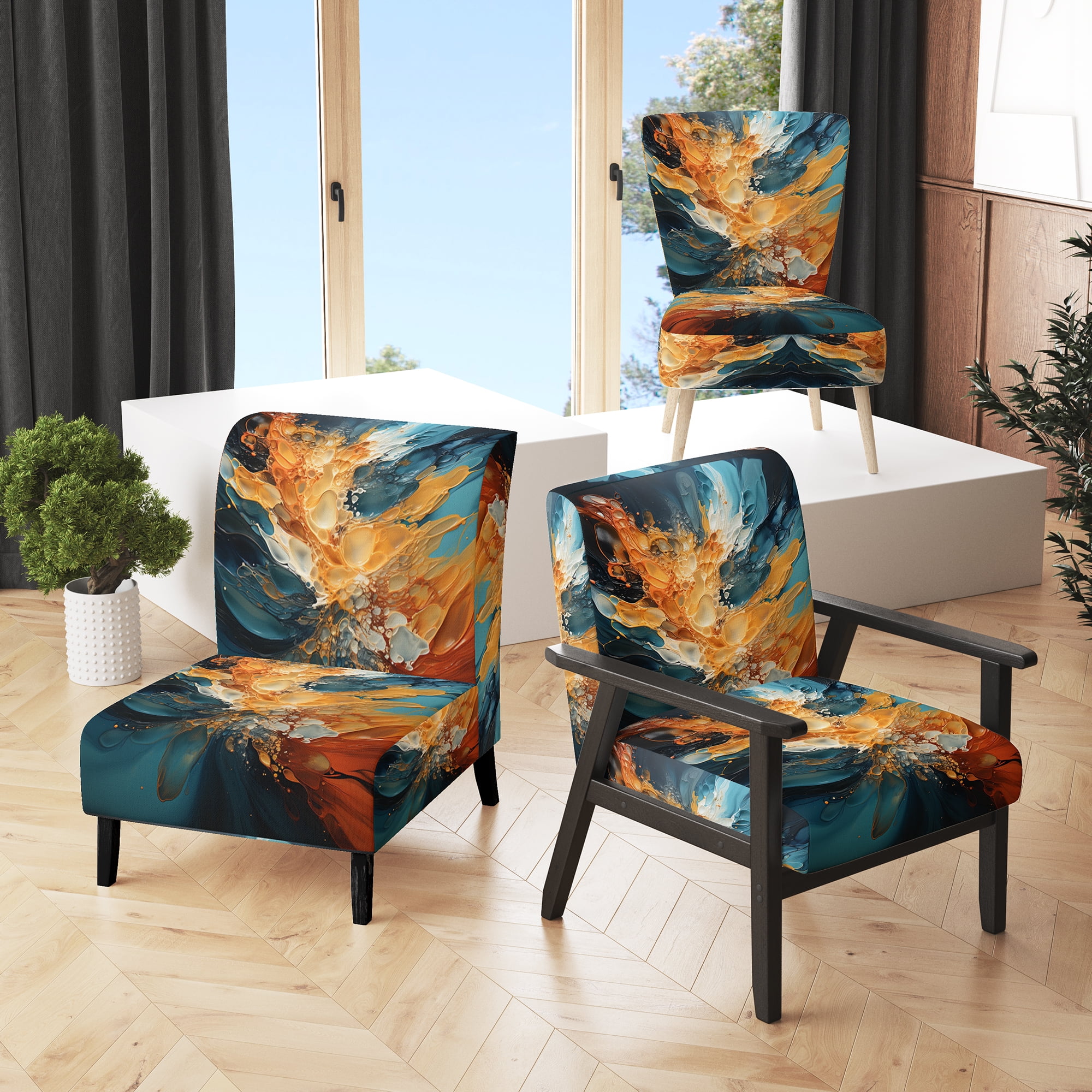 Designart "Nebula Dance Space Asteroids II" Orange Fluid Upholstered Accent Chair - Astronomy ...