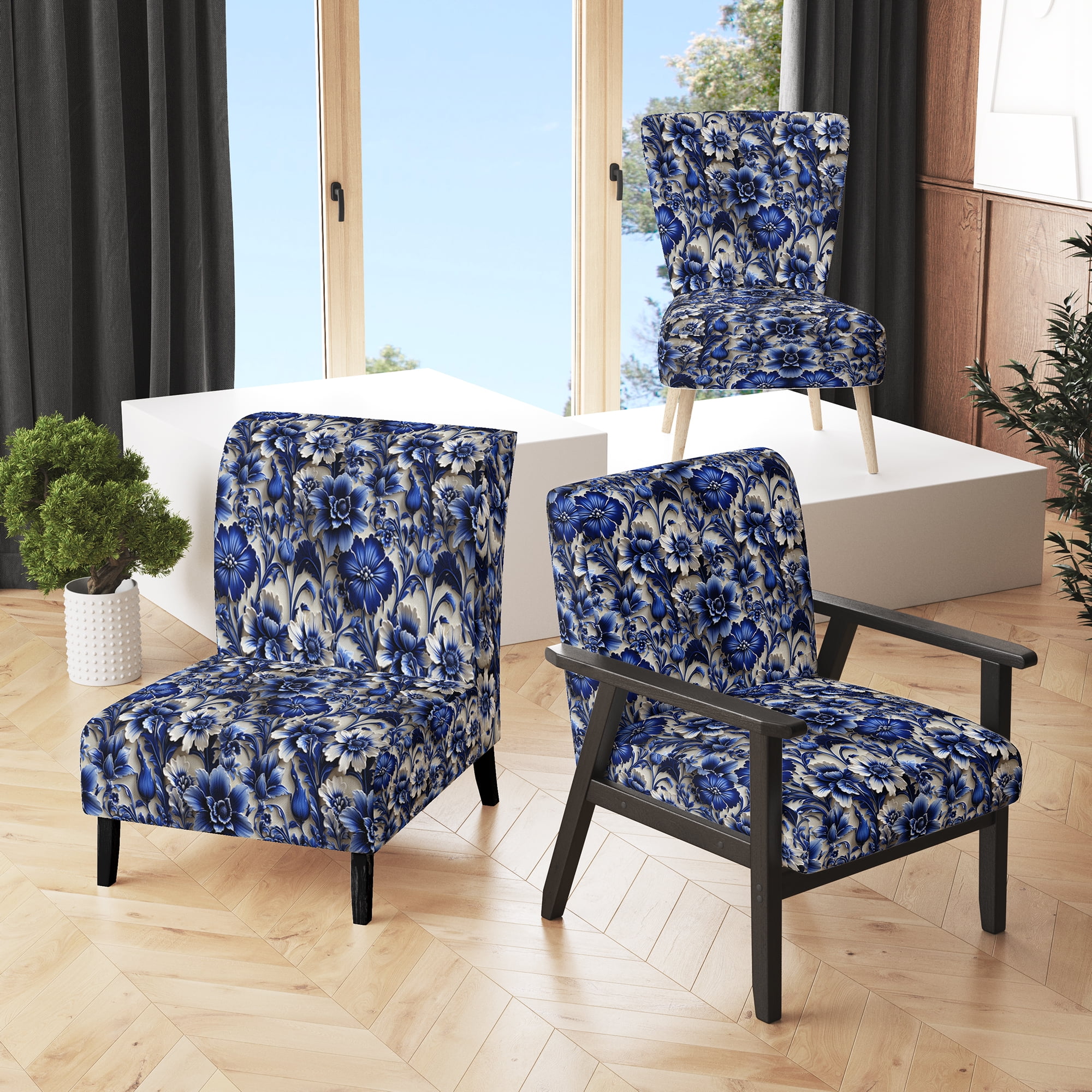 Designart "Neo-Gothic Allure In Cobalt Blue I" Blue Floral Upholstered ...