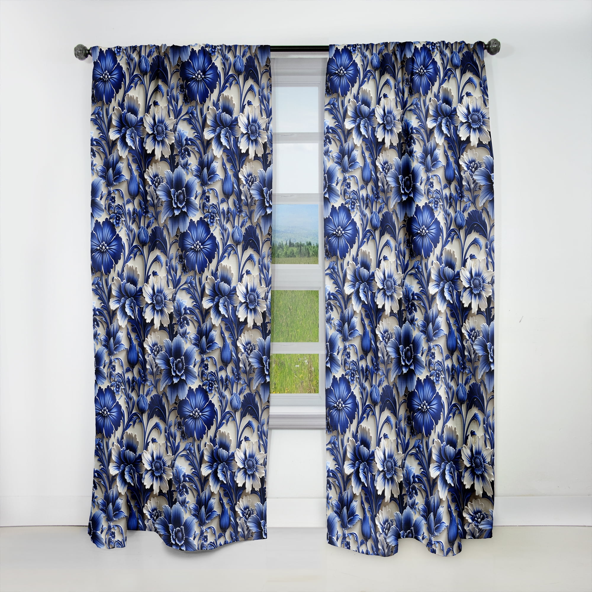 Designart "Neo-Gothic Allure In Cobalt Blue I" Floral Blackout Curtain ...