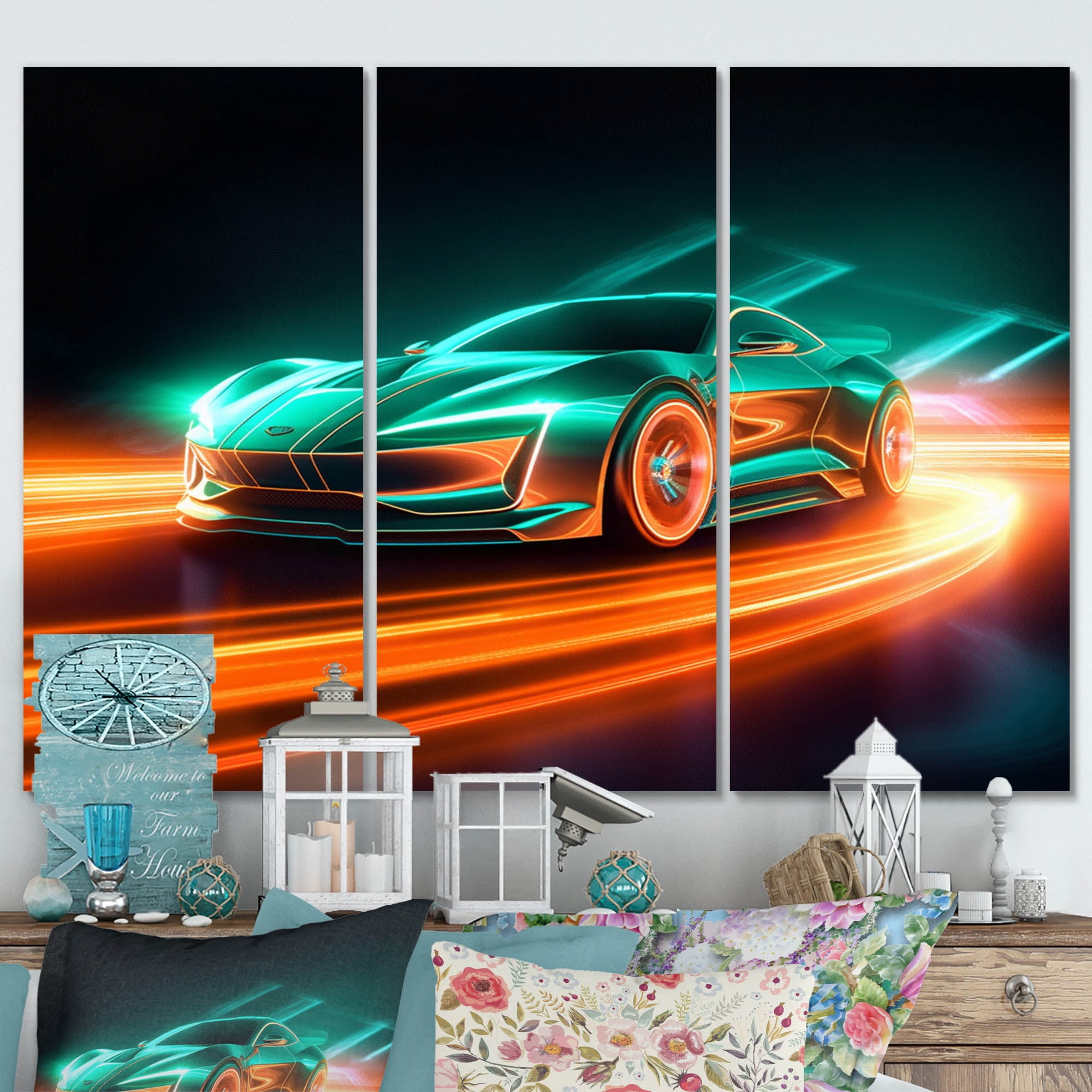 Designart "Neon Exotic Car in Teal II" Neon Car Metal Art Print Set ...