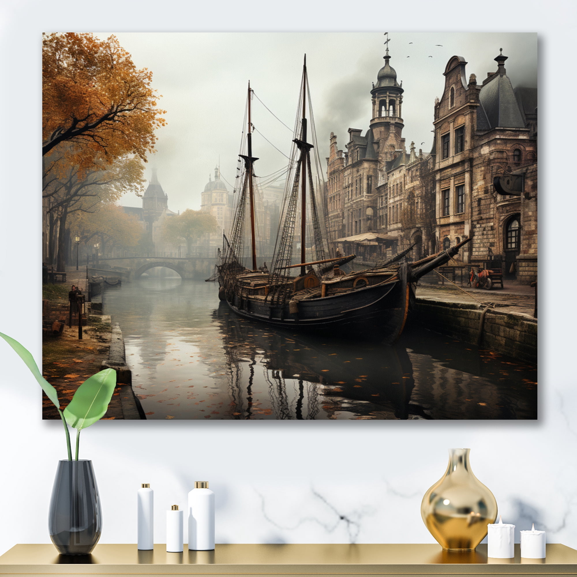 Designart "Neutral Antique Waterway Hue" Canals Wall Art Living Room ...