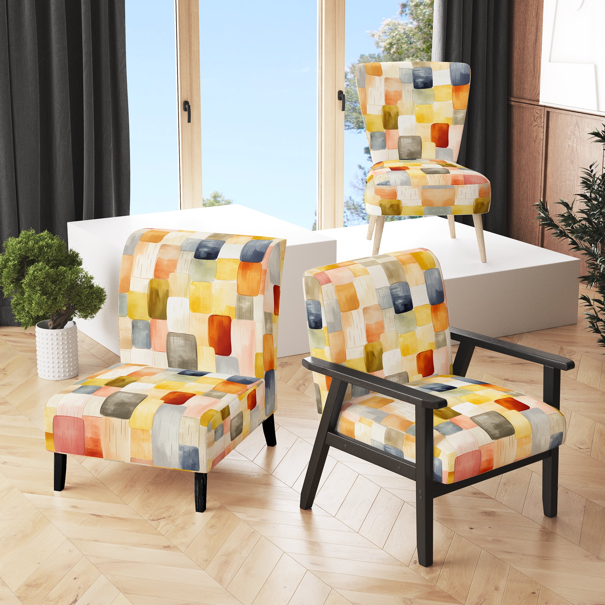 Designart "Neutral Colors Strip Cubes Pattern" Upholstered Modern ...