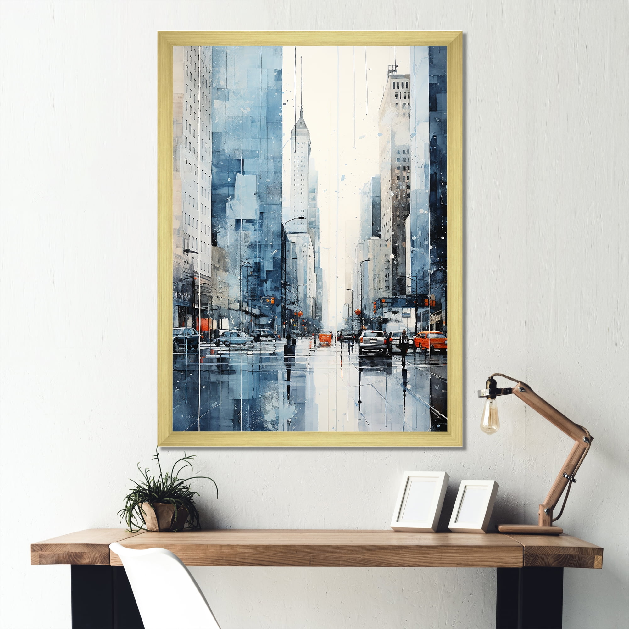 Designart "New York City Skyscrapers in Blue and Orange Minimalism II ...