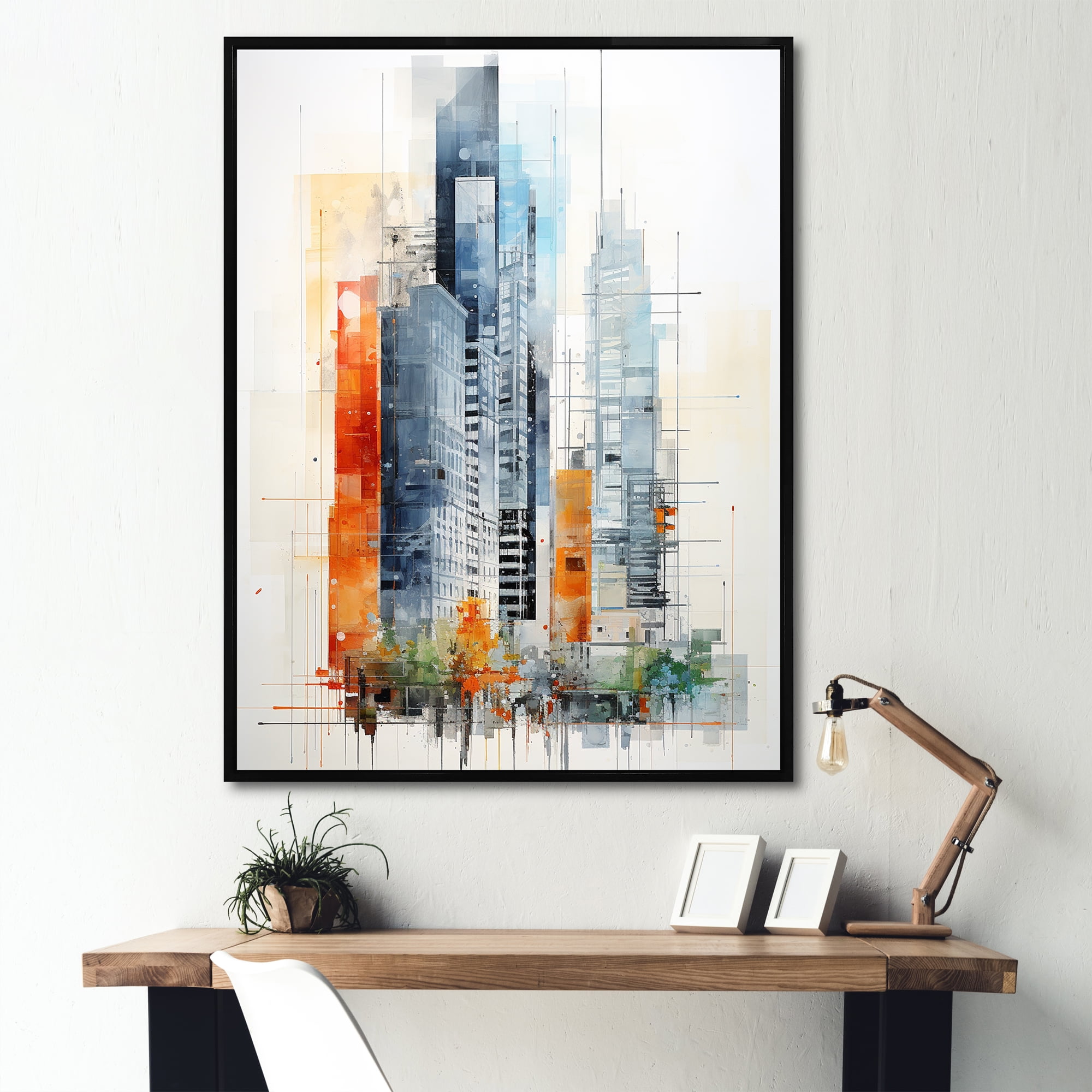 Designart "New York City Skyscrapers in Blue and Orange Minimalism V ...
