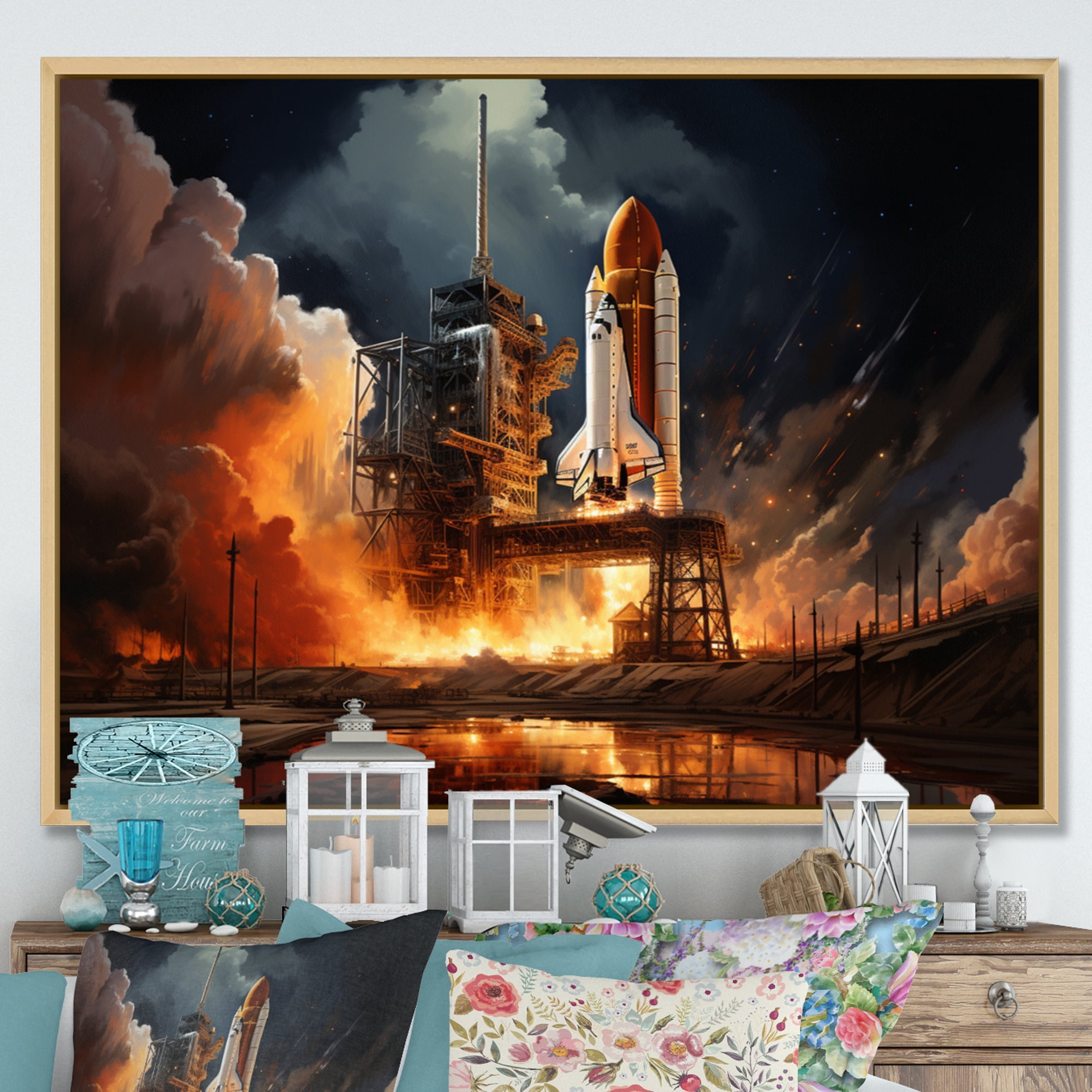 Designart "Night Launch Space Shuttle III" Space Shuttle Floater Framed ...