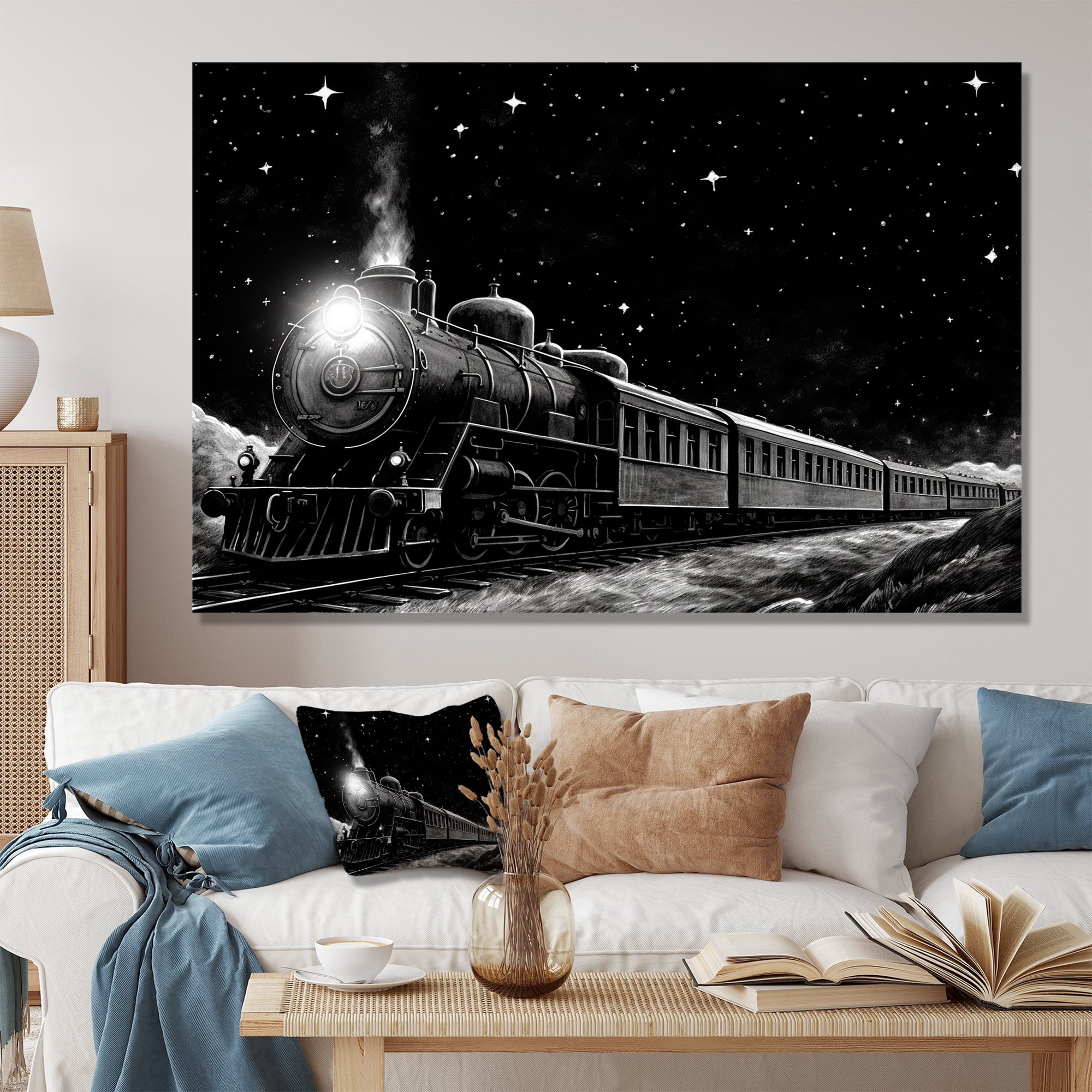 Designart "Nighttime Noir Black and White Train II" Oversized ...