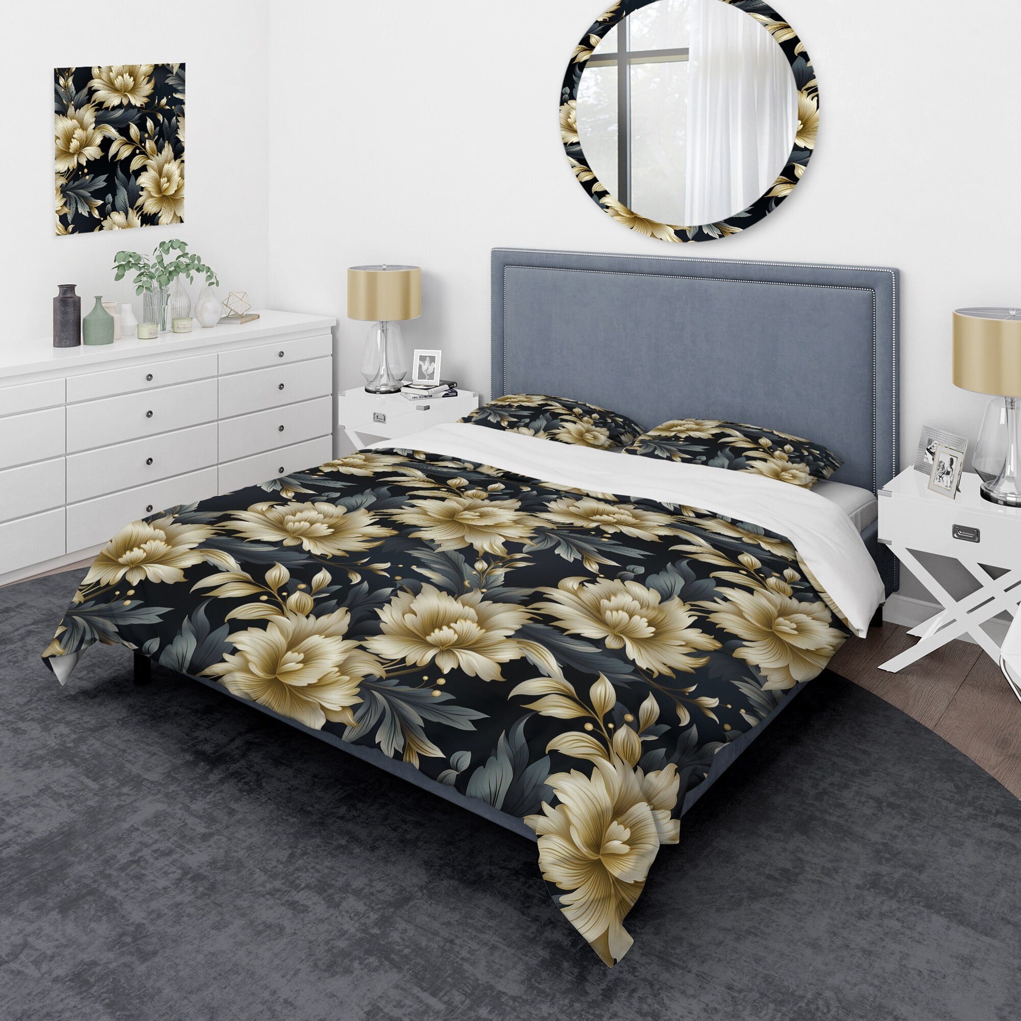 Designart "Noir Floral Damask Luxury" Black Damask Bedding Covert Set ...
