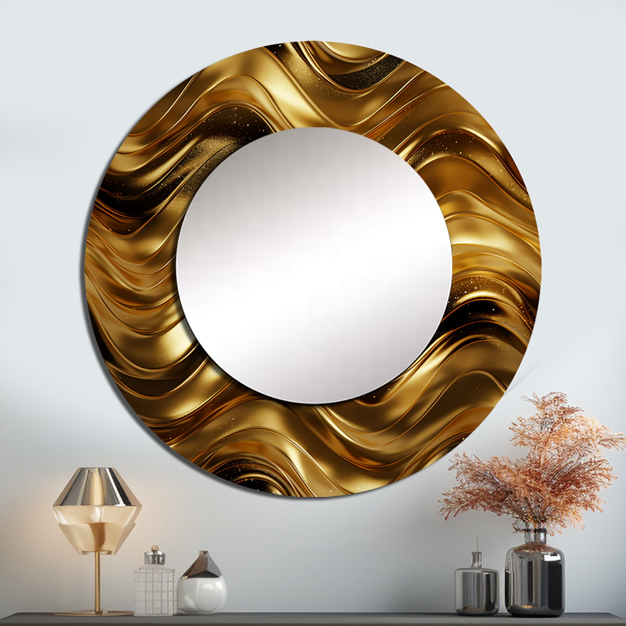 Designart "Noir Gold Chevron Fantasy I" Chevron Rund Mirror For Wall ...