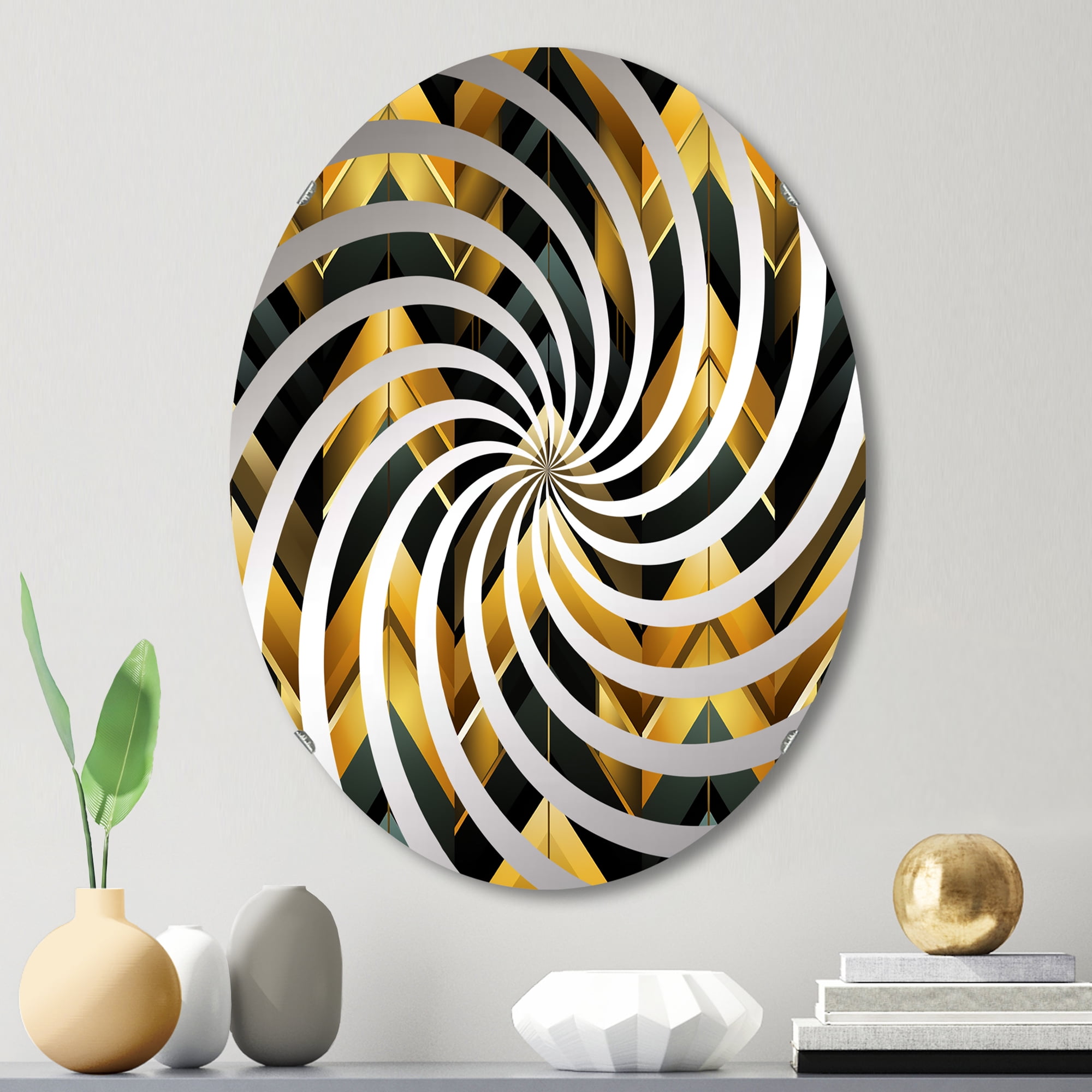 Designart "Noir Luxe Art Deco Zigzag" Chevron Vortex Round Wall Mirror ...