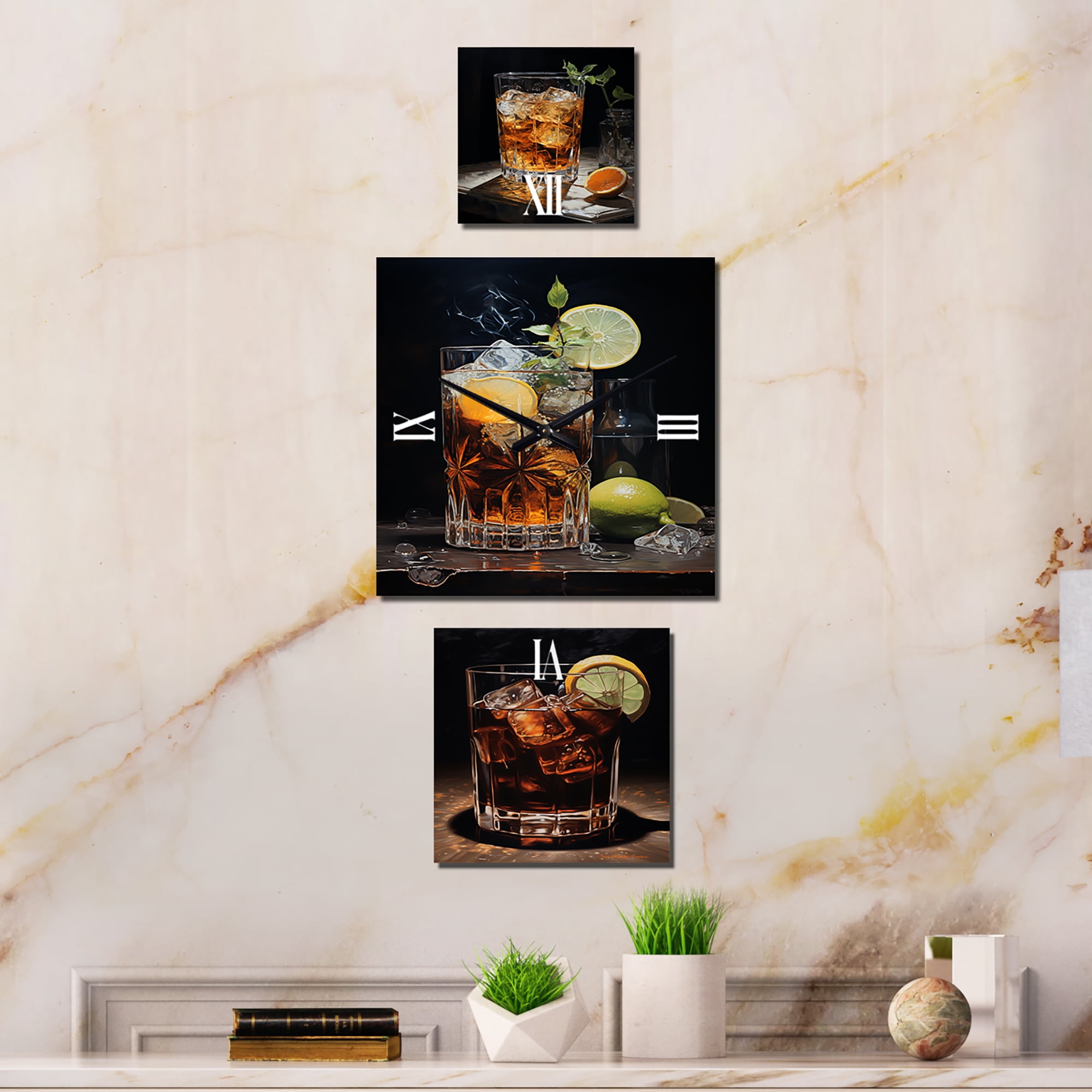 Designart "Noir Russian Nightcap" Cocktails Oversized Wall Clock - Set ...
