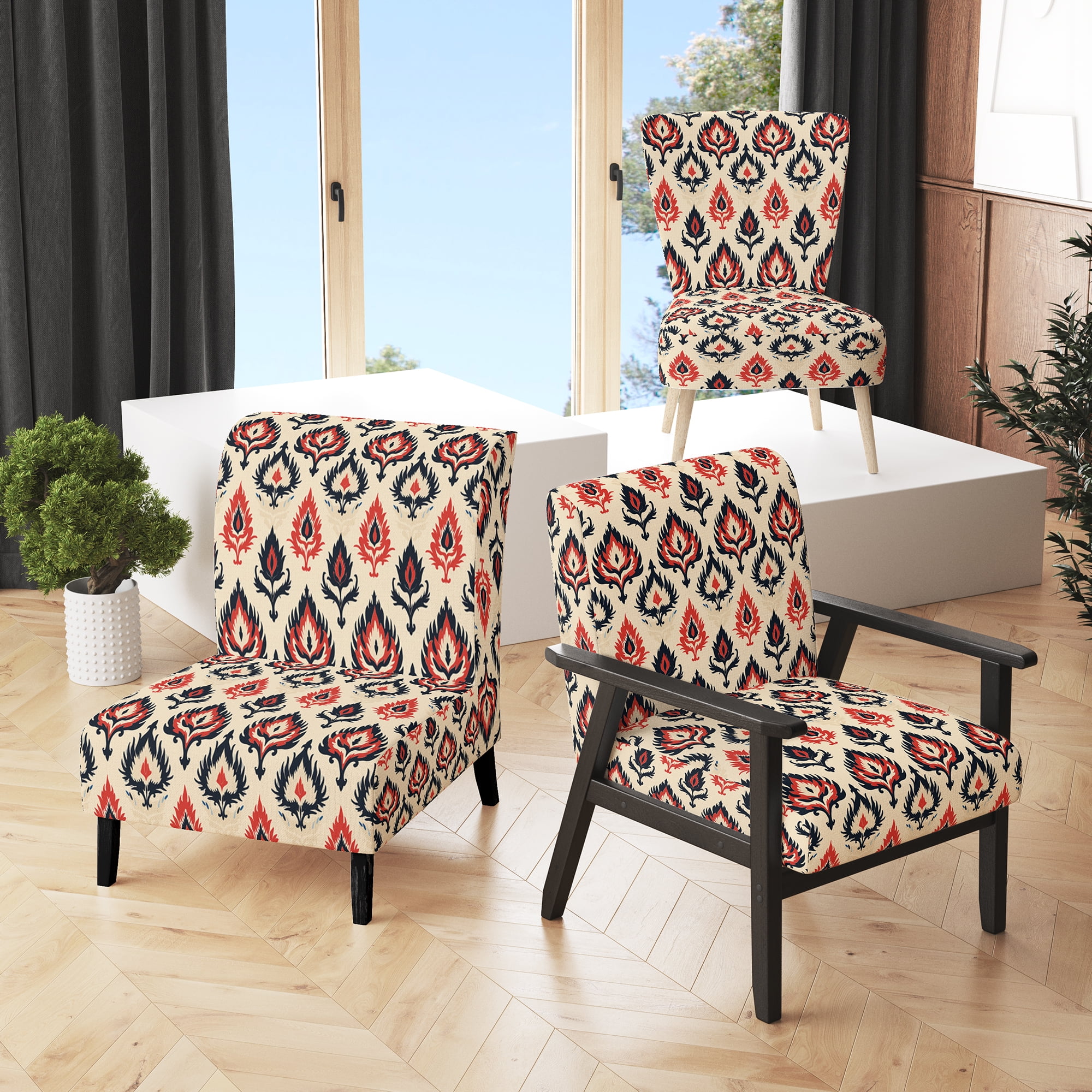 Designart "Nomadic Ikat Fusion" Red Ikat Upholstered Accent Chair ...