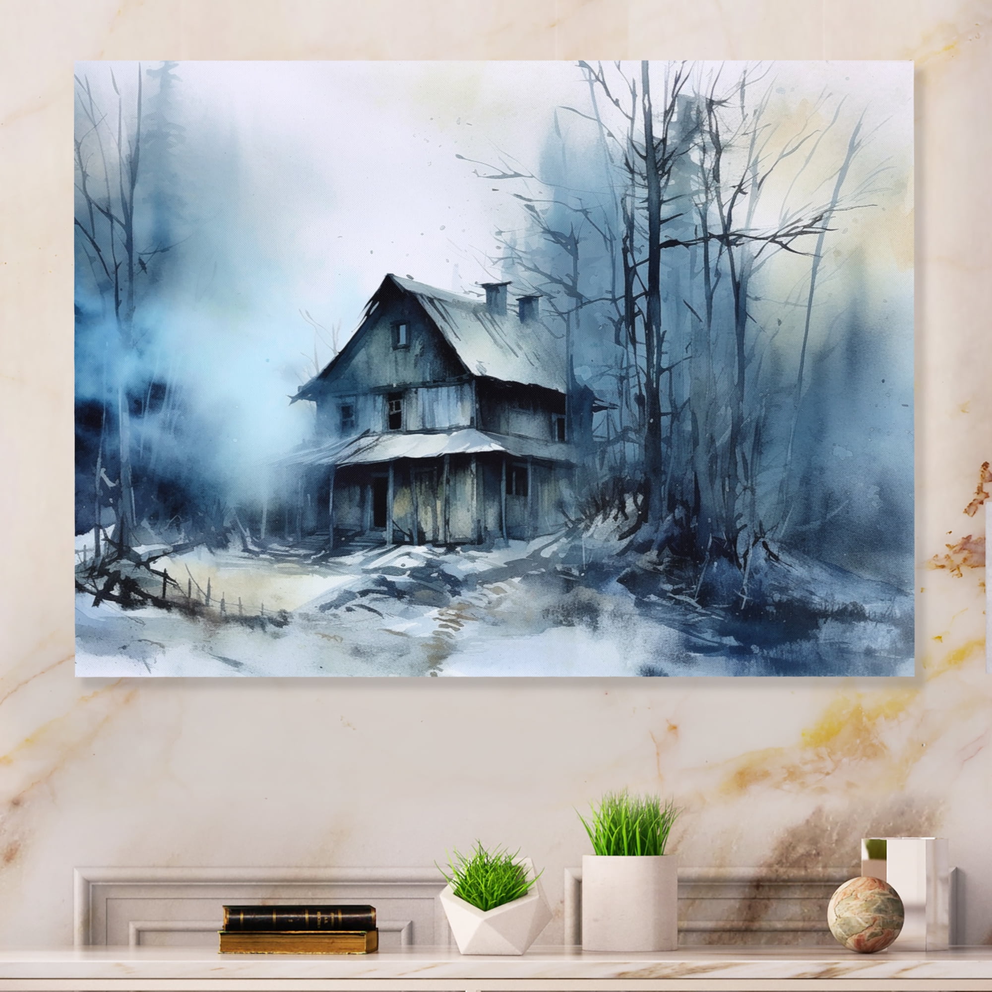 Designart "Nordic Village in Blue and Grey II" Abstract Landscape Metal ...