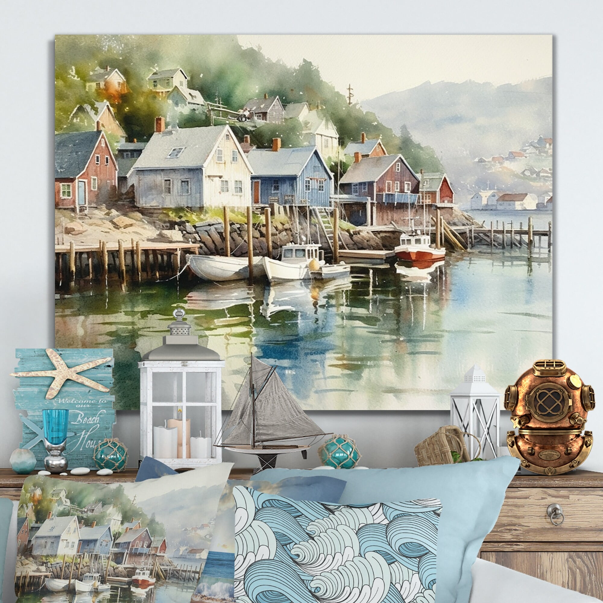 Designart "Norwegian Harbor Small Town II" Port Landscape Metal Art ...
