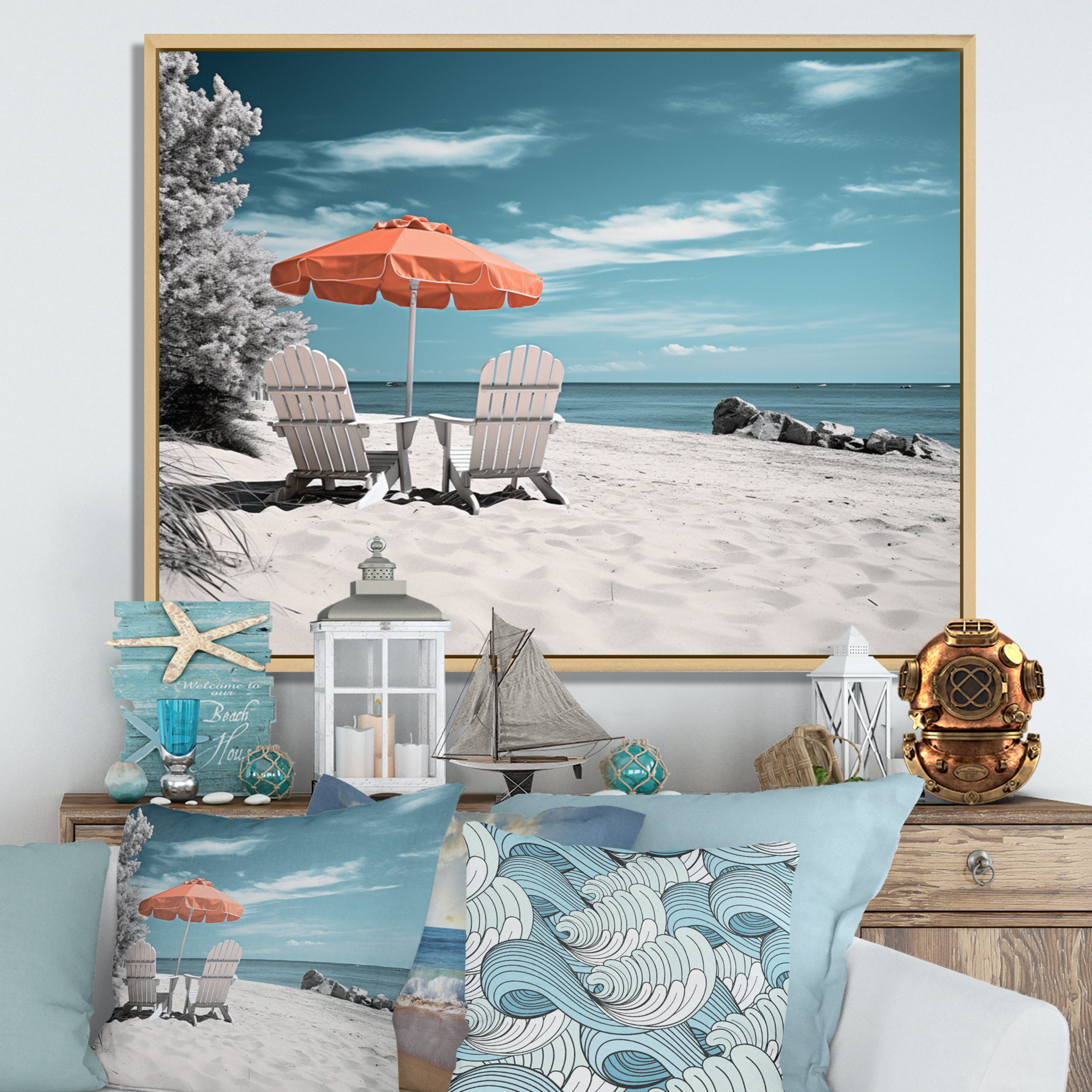 Designart "Nostalgia Black Beach Seaside I" Nautical & Beach Floater ...