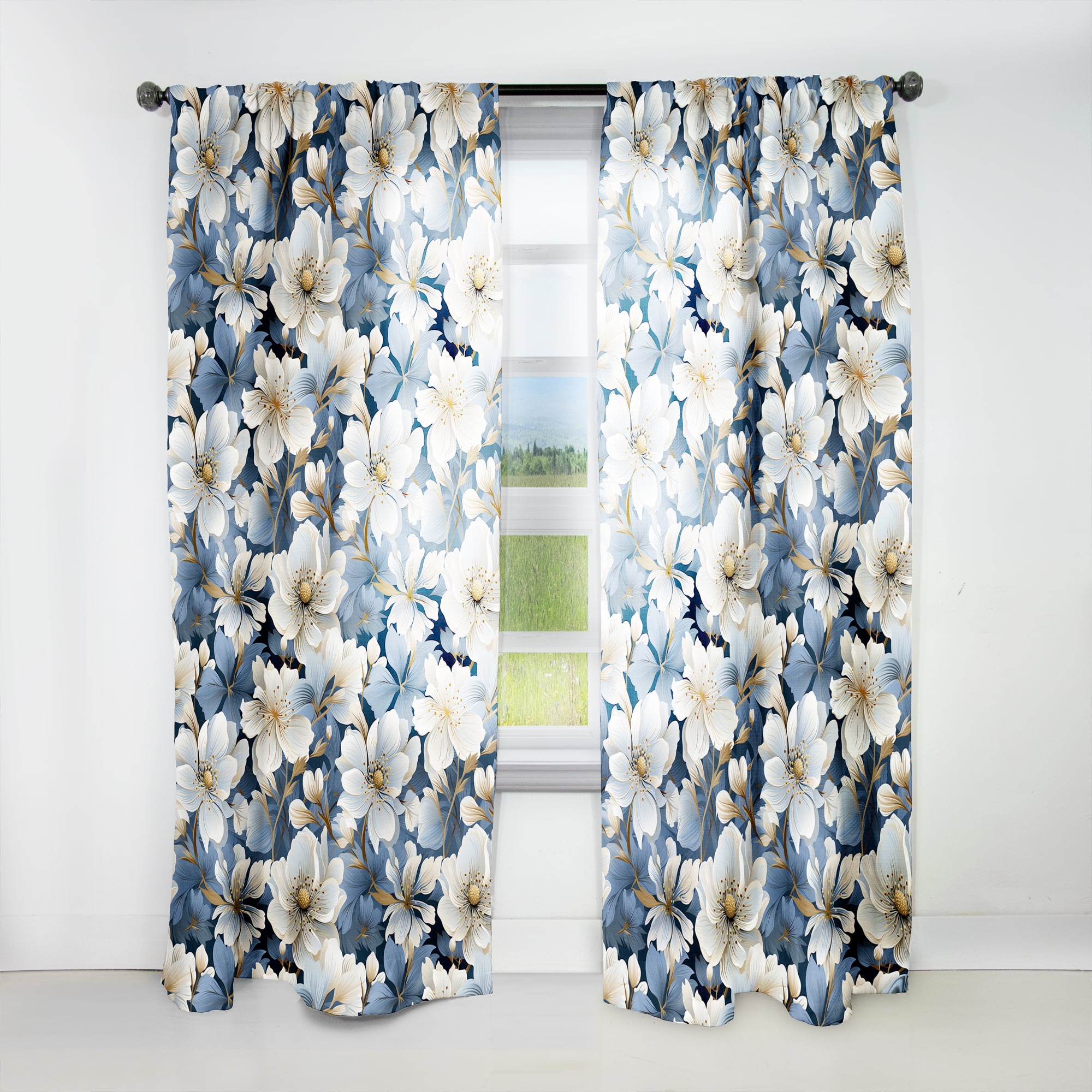 Designart "Nostalgic Blue Floral Romance III" Floral Curtain Panels ...