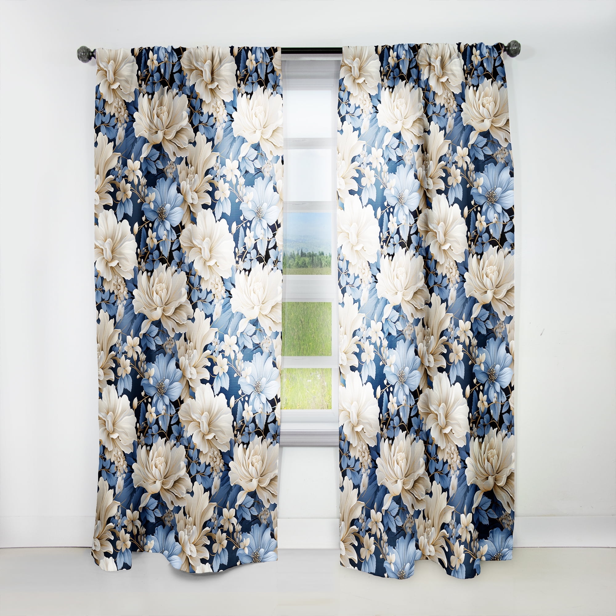 Designart "Nostalgic Blue Floral Romance IV" Floral Room Darkening ...